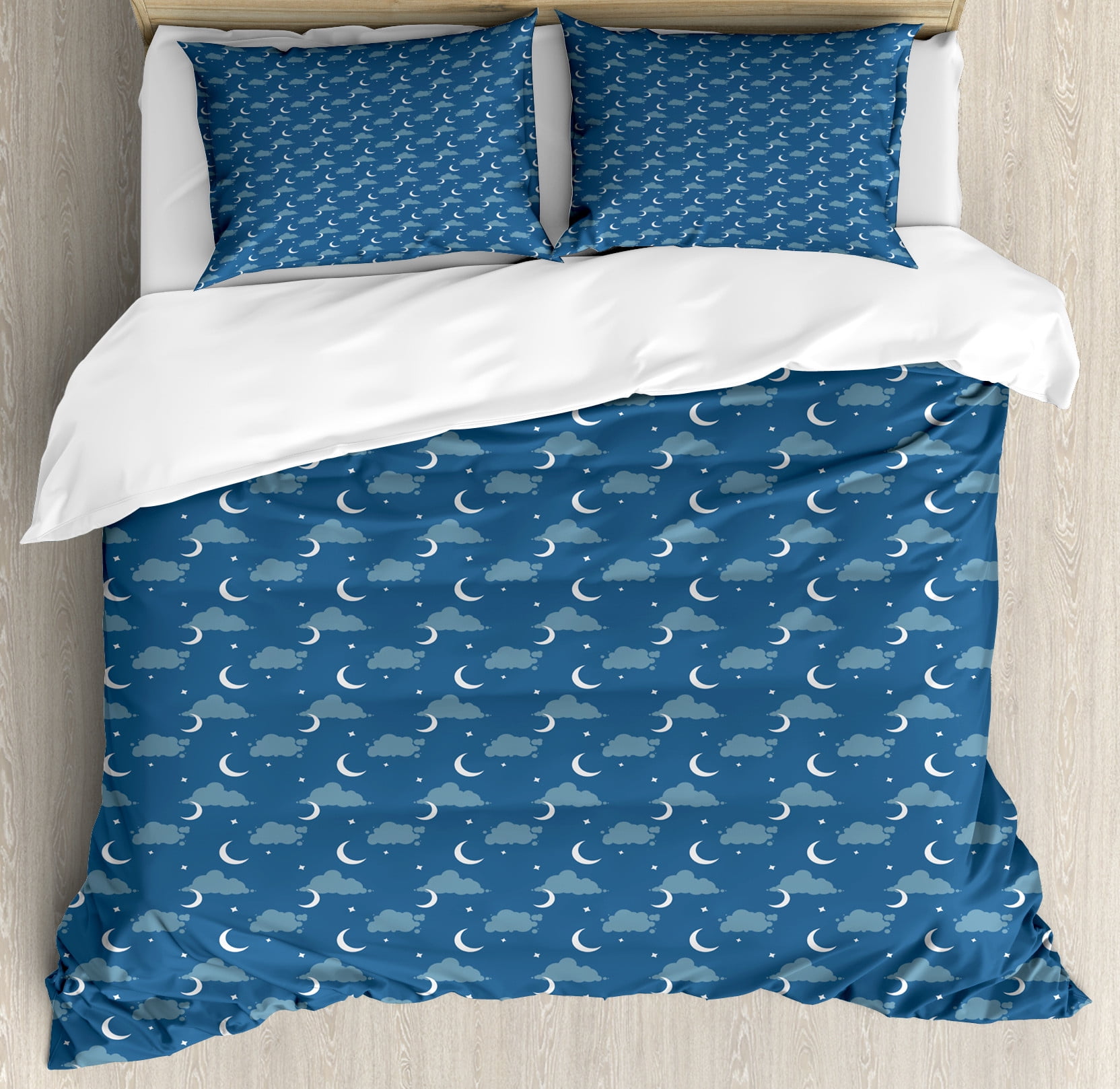 Night Duvet Cover Set, Moon Clouds Stars Illustration Themed Sleep Time ...