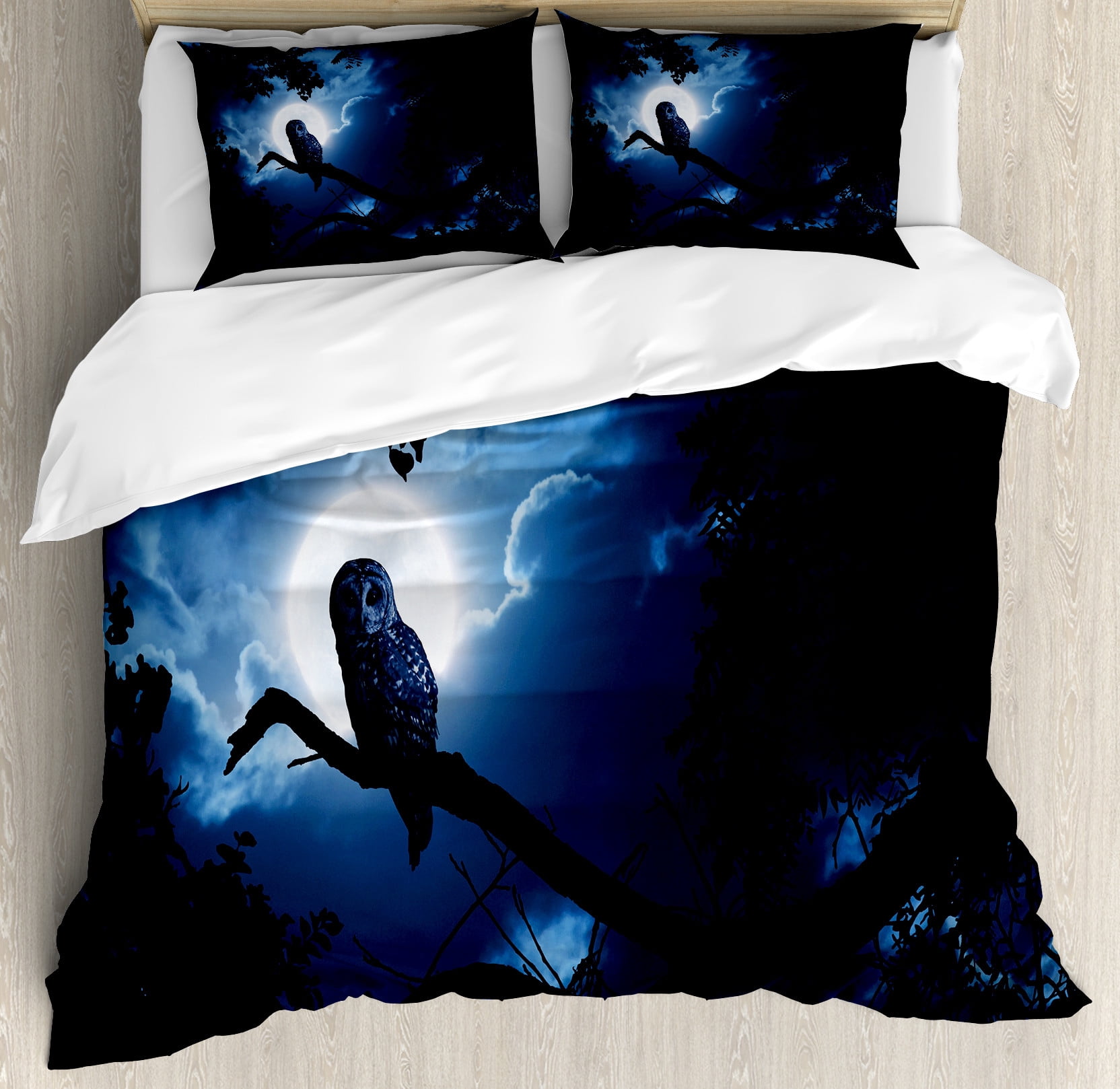 Night Duvet Cover Set, Quiet Night in the Woods Full Moon Tall Trees ...