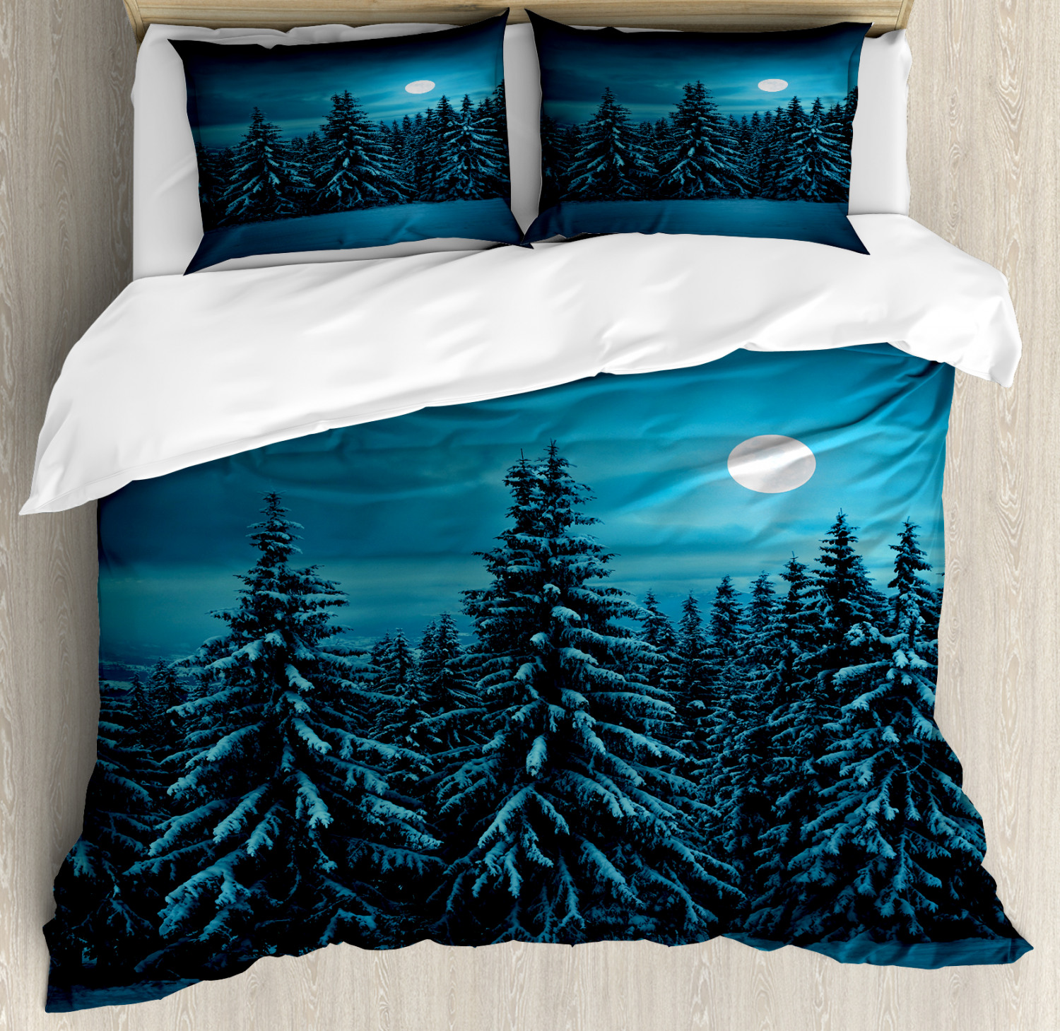 Night Duvet Cover Set, Tranquil Blue Moon in Woods Covered Snow Serene ...