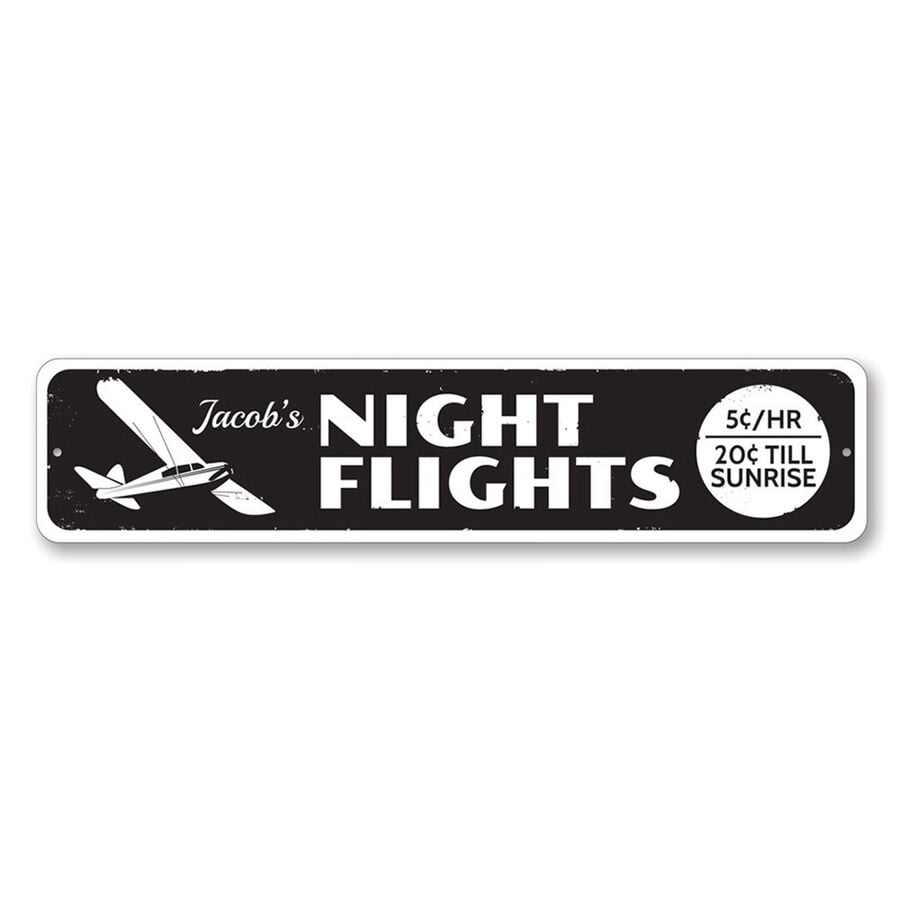 Night Flights Sign Airplane Pilot Name Metal Wall Decor Size: 4 x 16 ...