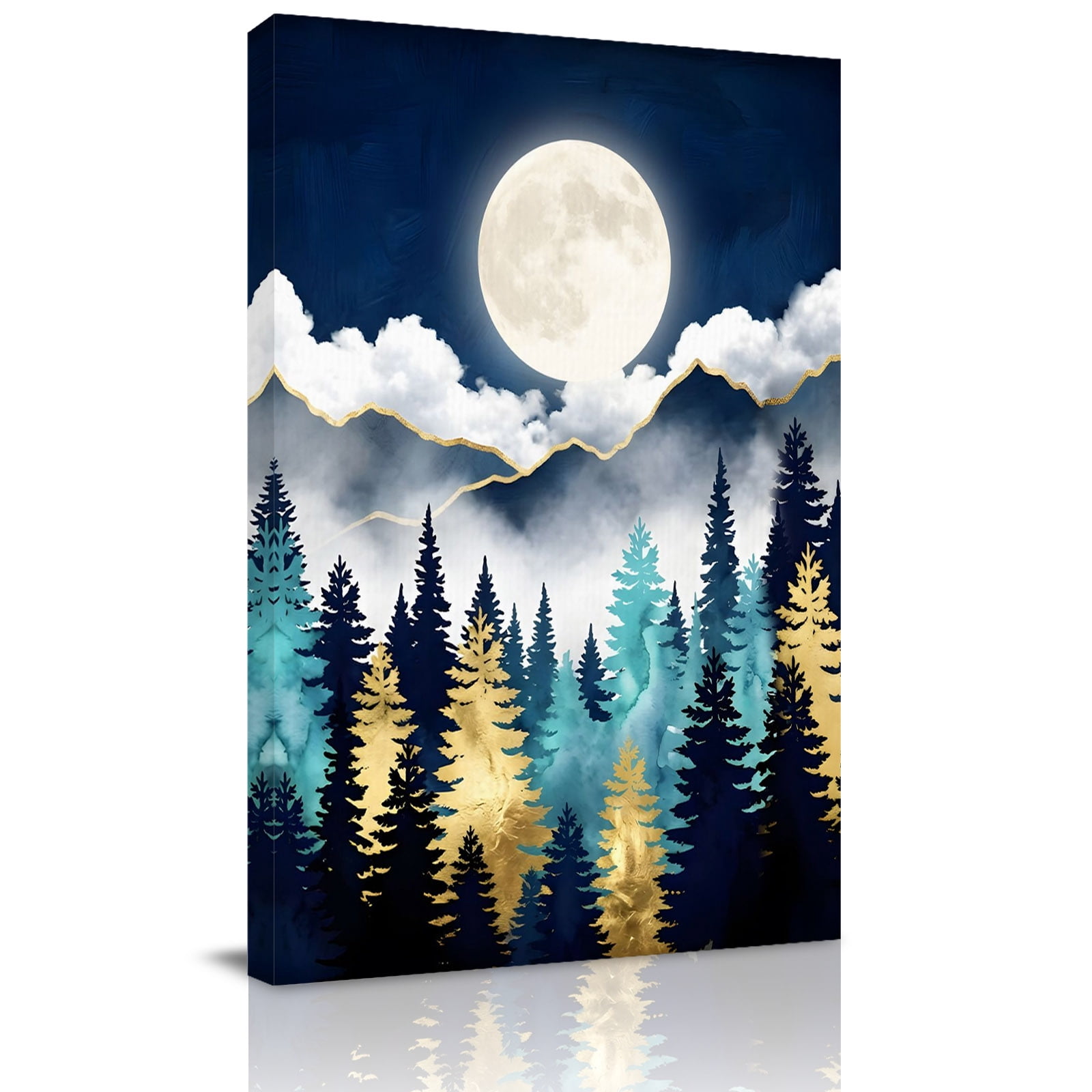 Night Forest Canvas Wall Art for Living Room, Mountain Cloud Moon Gold ...