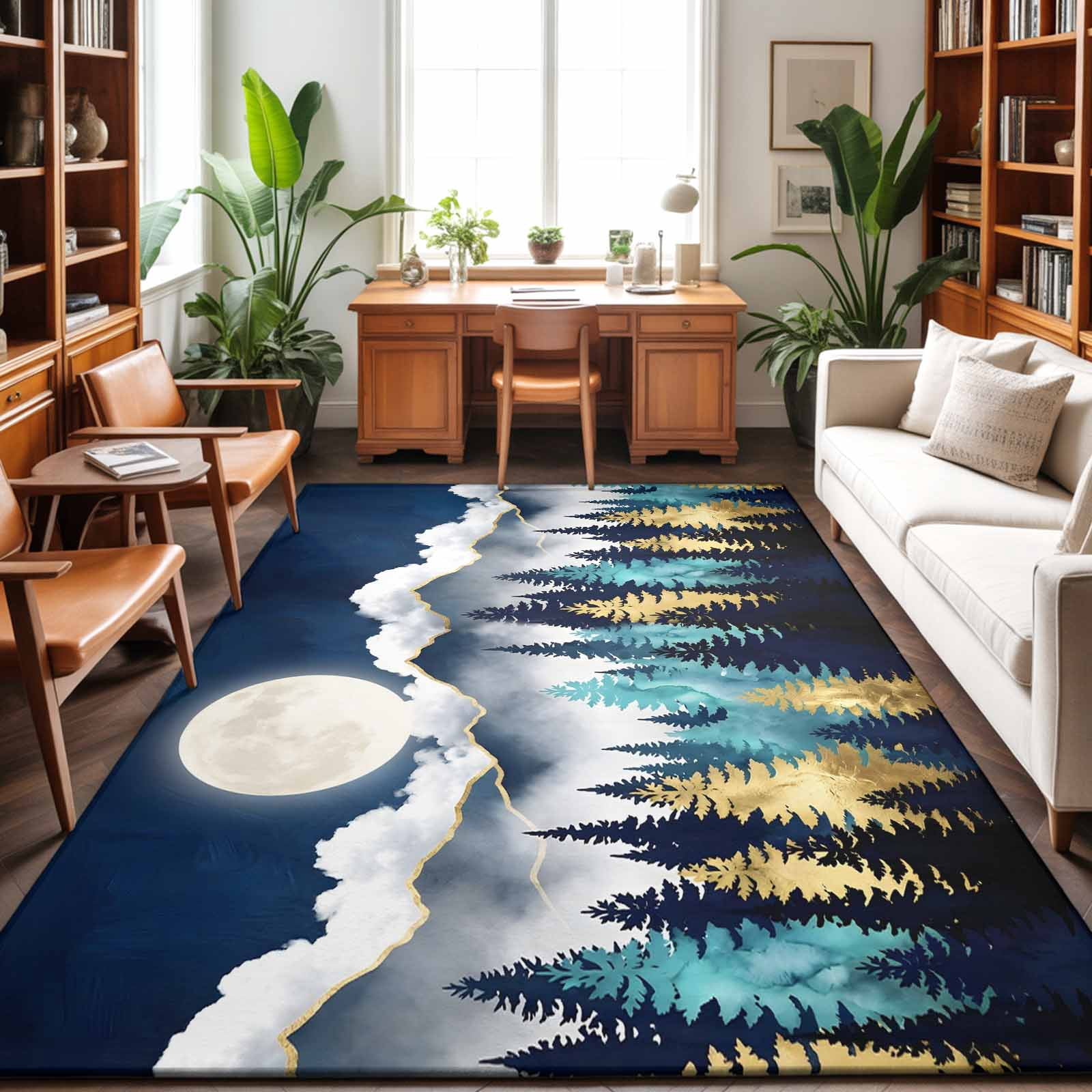 Night Forest Washable Area Rug 9 x 12 ft Mountain Cloud Moon Gold Teal ...