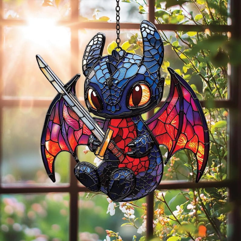 Night Fury Reading Toothless Dragon Acrylic Suncatcher, Sword Holding ...