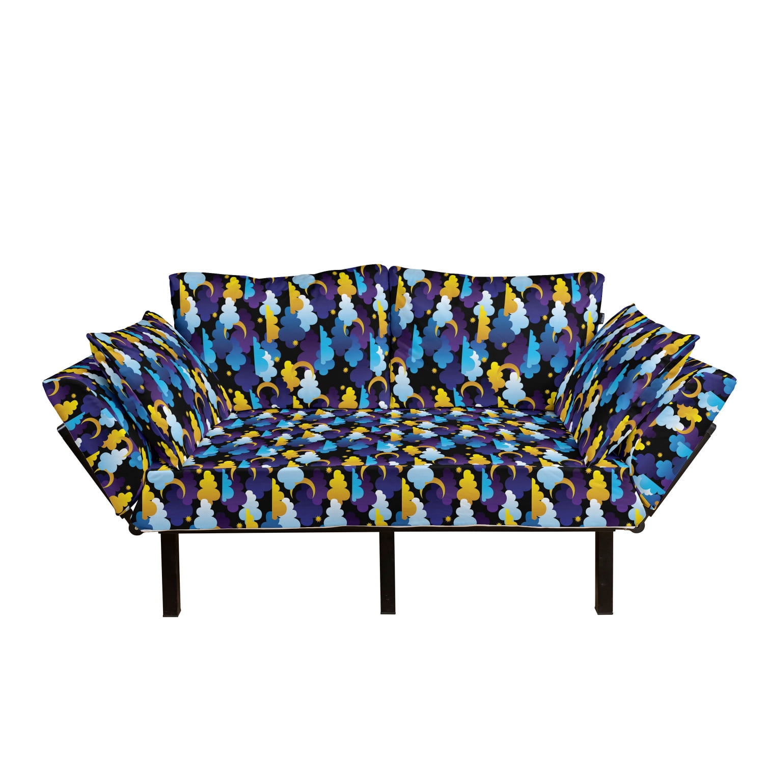 Night Futon Couch, Sleep Theme with Clouds Crescent Moon and Sun Have a ...