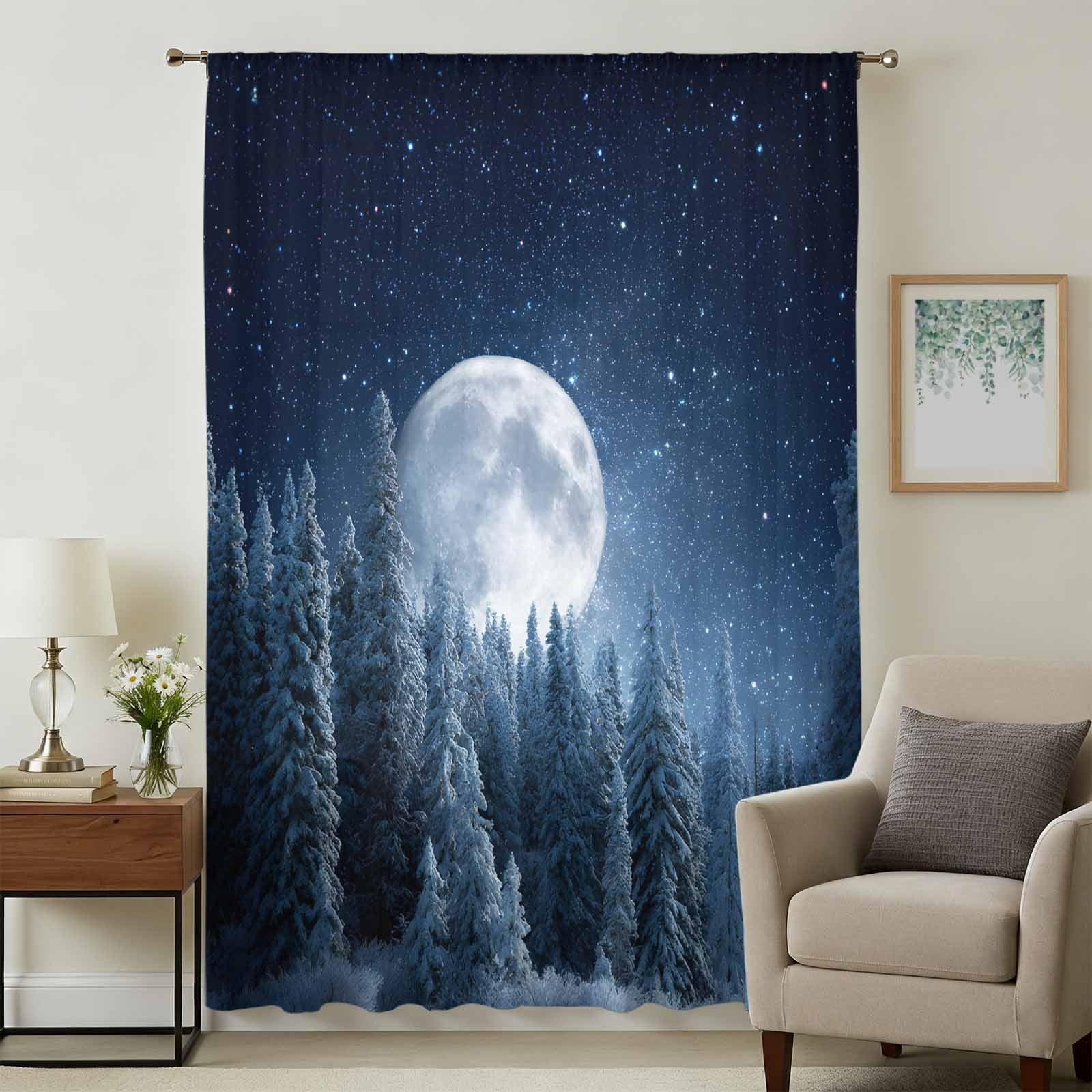 Night Moon Landscapes Sheer Curtains 108 Inches Extra Long, Christmas ...