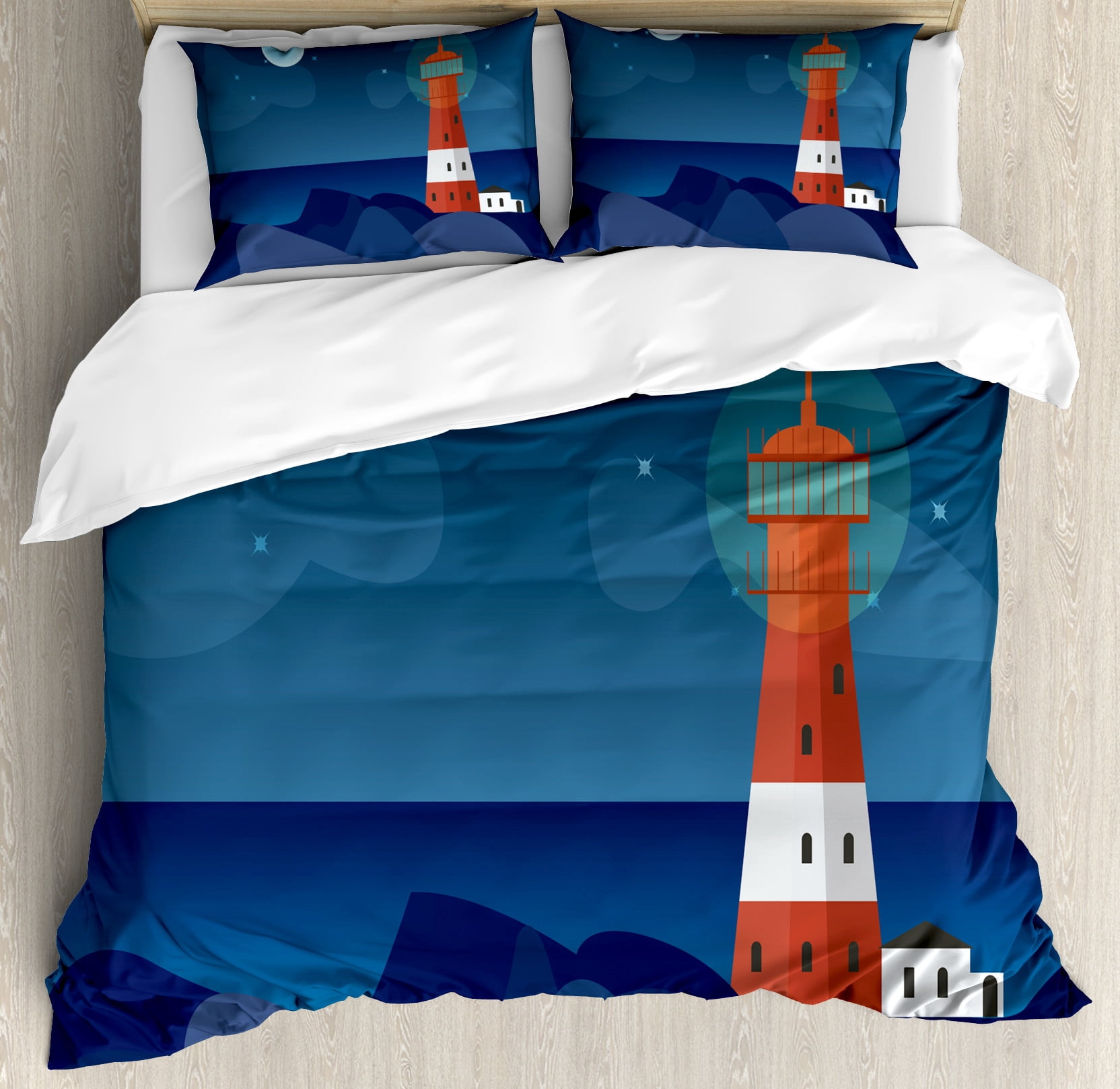 Night Ocean Duvet Cover Set, Lighthouse at Night Full Moon Rocky Beach ...