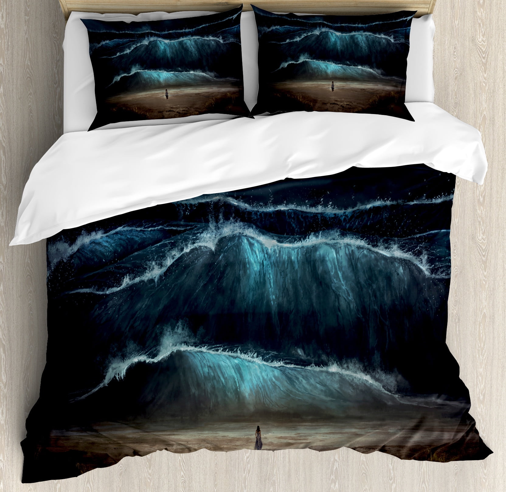 Night Ocean Duvet Cover Set, Woman Stands Alone Gothic Tidal Wave by ...