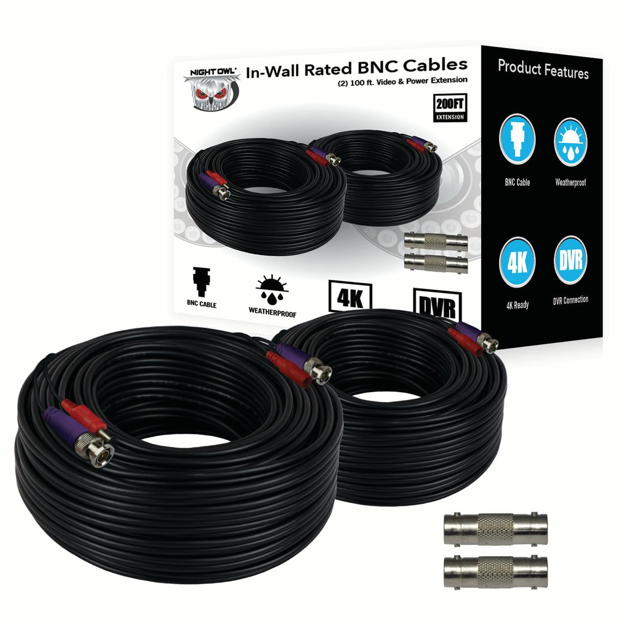 Night Owl 2 Pack 100ft In-Wall Rated Video/Power Extension Cables with ...