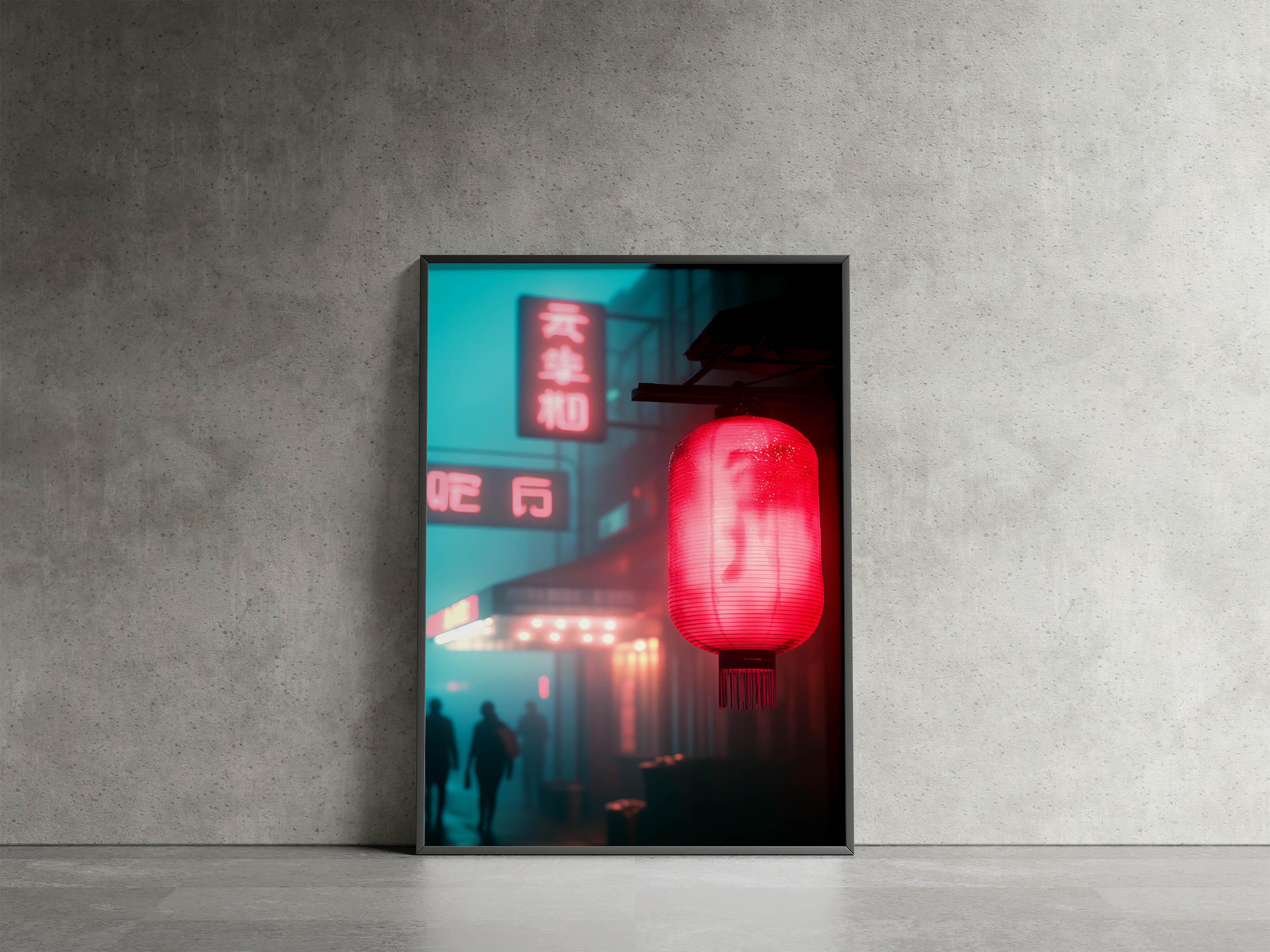 Night Scene Cyberpunk Poster, Trendy Neon Lantern Wall Art for ...