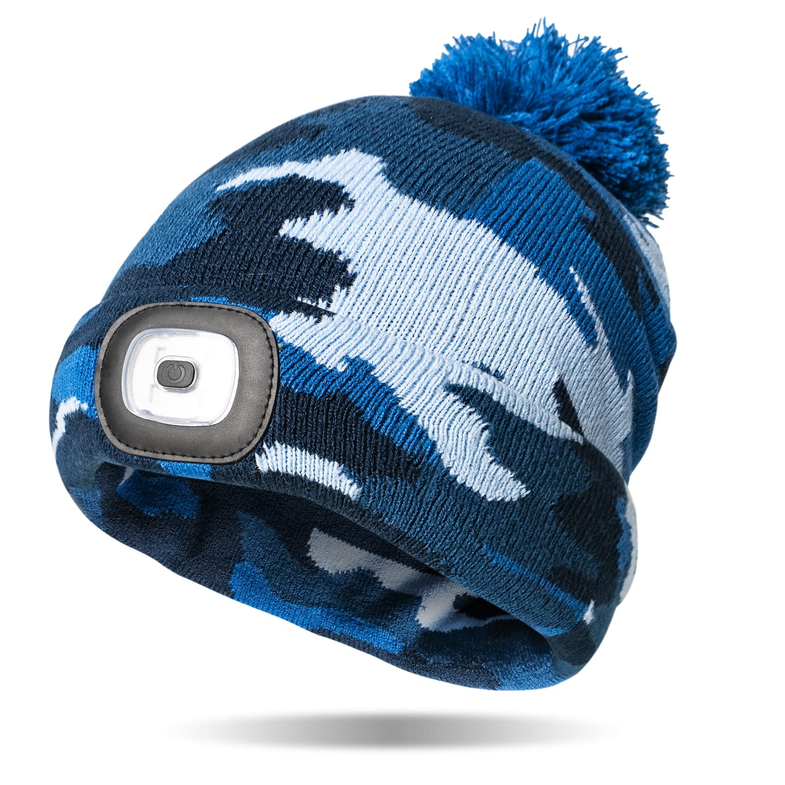 Night Scope Kids LED Rechargeable Knit Beanie Head Lamp Pom Pom Hat for ...