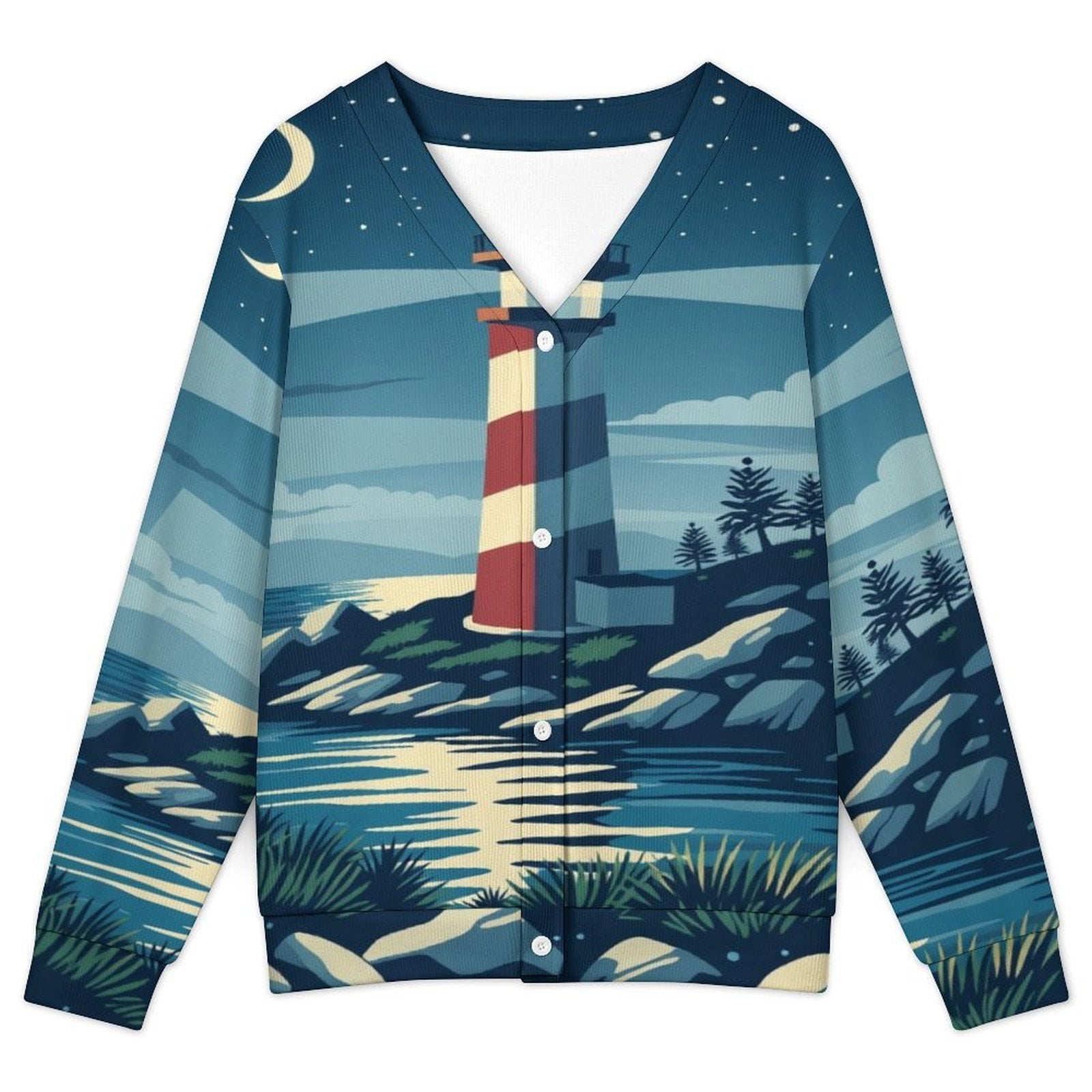 Night Sea Lighthouse(4) Sweater Women V-neck Single-Breasted Letters ...