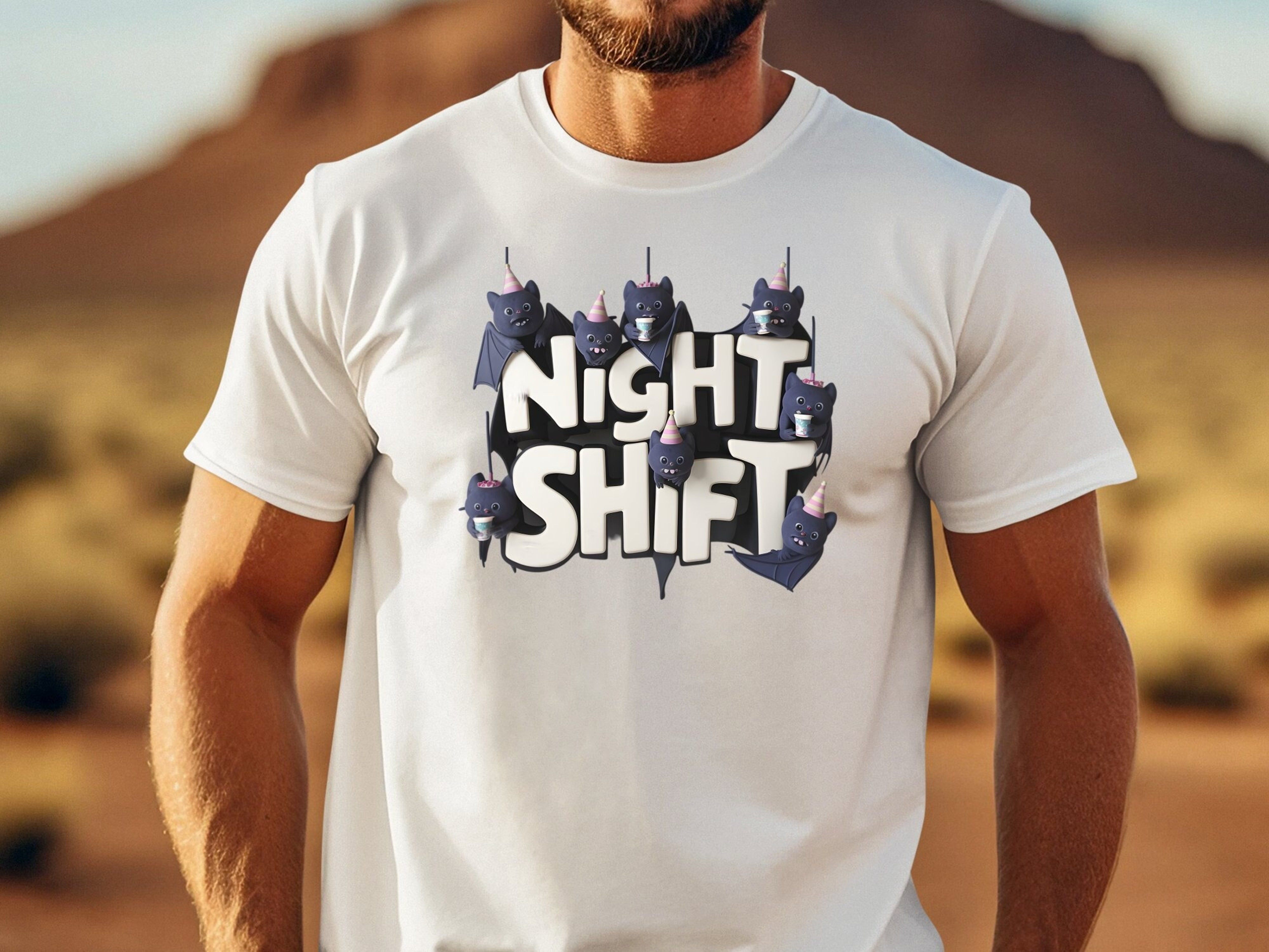 Night Shift Bat Party Graphic T-Shirt, Cute Cartoon Bats, Fun Animal ...