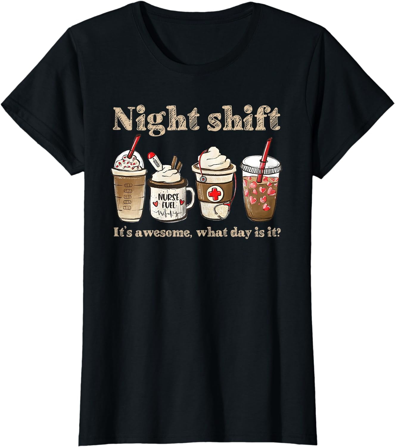Night Shift It's Awesome! What Day is it? Funny Nurse Coffee T-Shirt ...