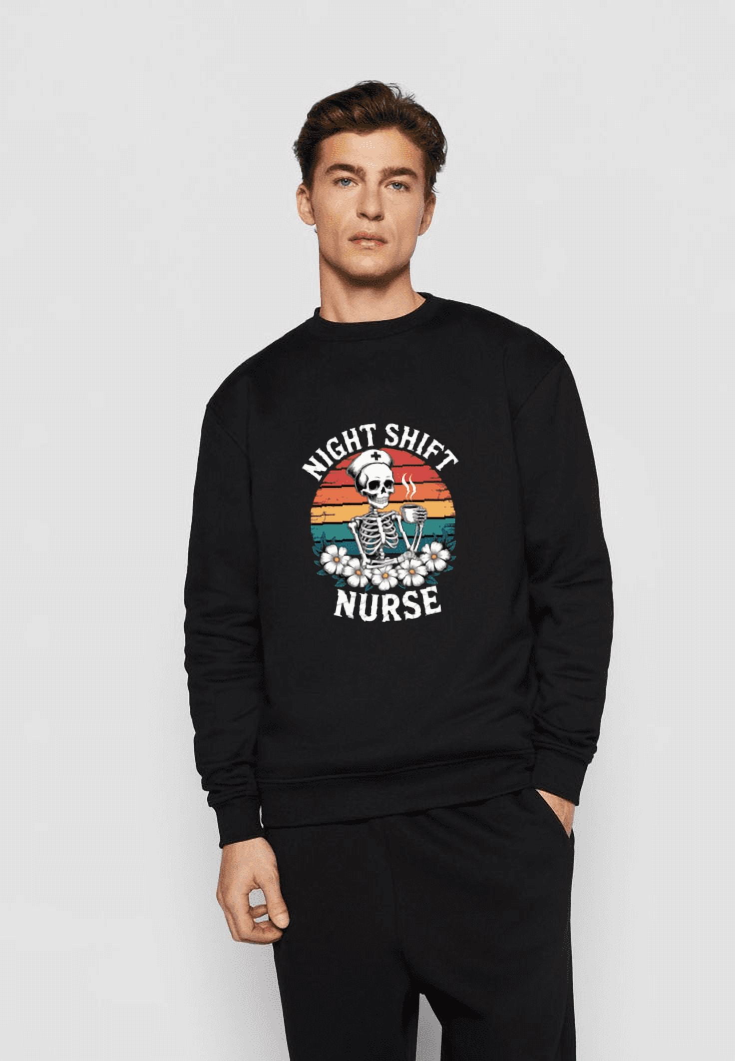 Night Shift Nurse Skeleton Retro Sunset Theme Halloween Cartoon Cute ...