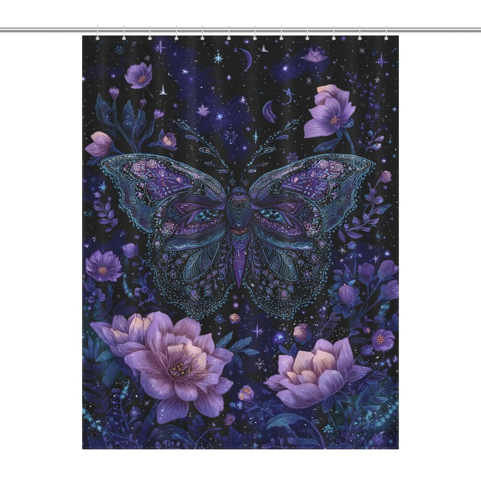 Night Sky Cosmic Butterfly Floral Art Shower Curtain , Enchanted Forest ...