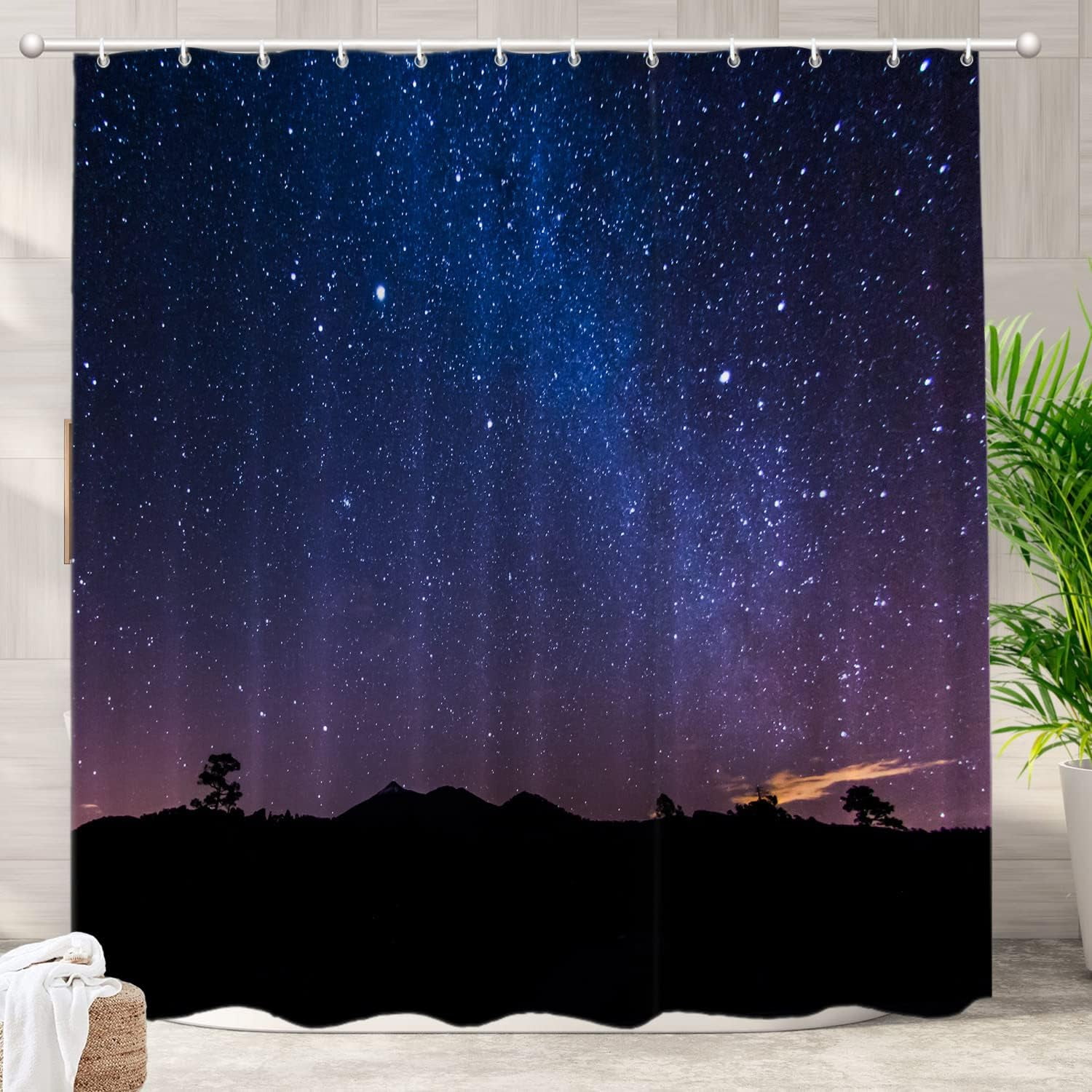 Night Sky Decor Shower Curtain,Stars Silhouette Milky Way Volcano Teide ...