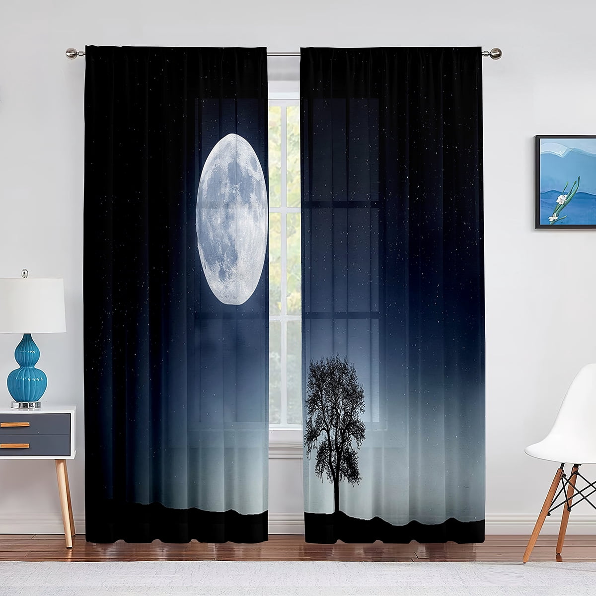 Night Sky Full Moon and Foggy Clouds with Sea Ocean Tulle Curtains for ...