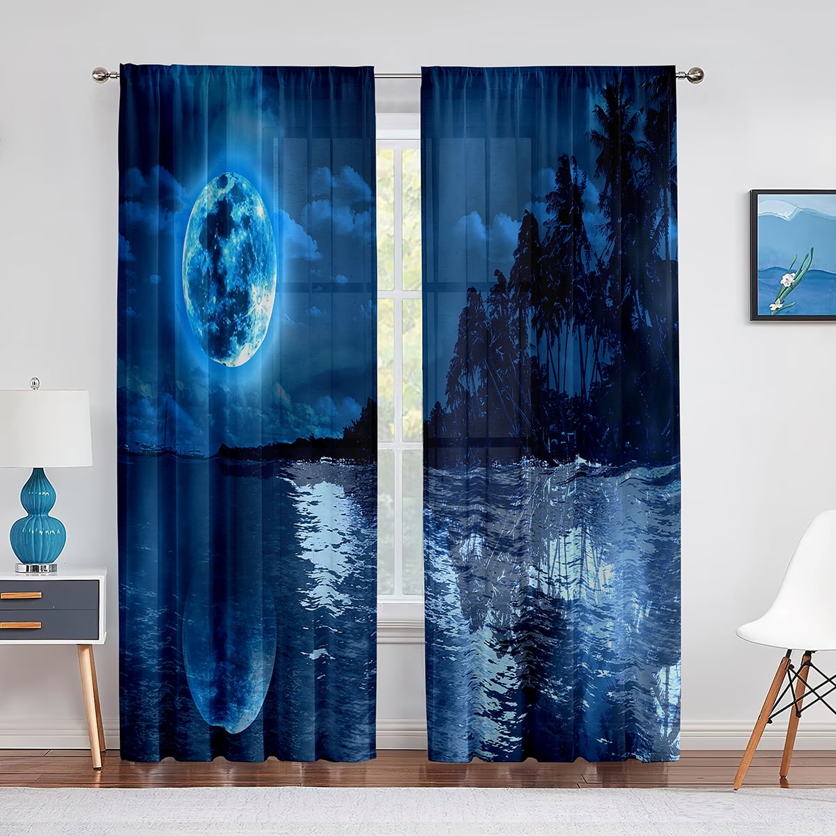 Night Sky Full Moon and Foggy Clouds with Sea Ocean Tulle Curtains for ...