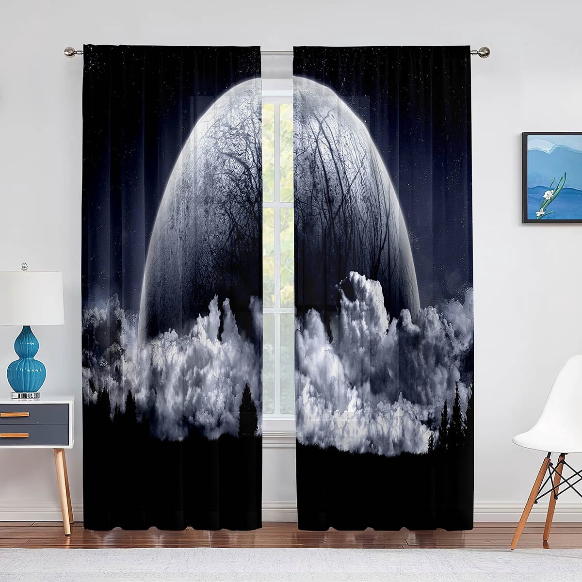 Night Sky Full Moon and Foggy Clouds with Sea Ocean Tulle Curtains for ...