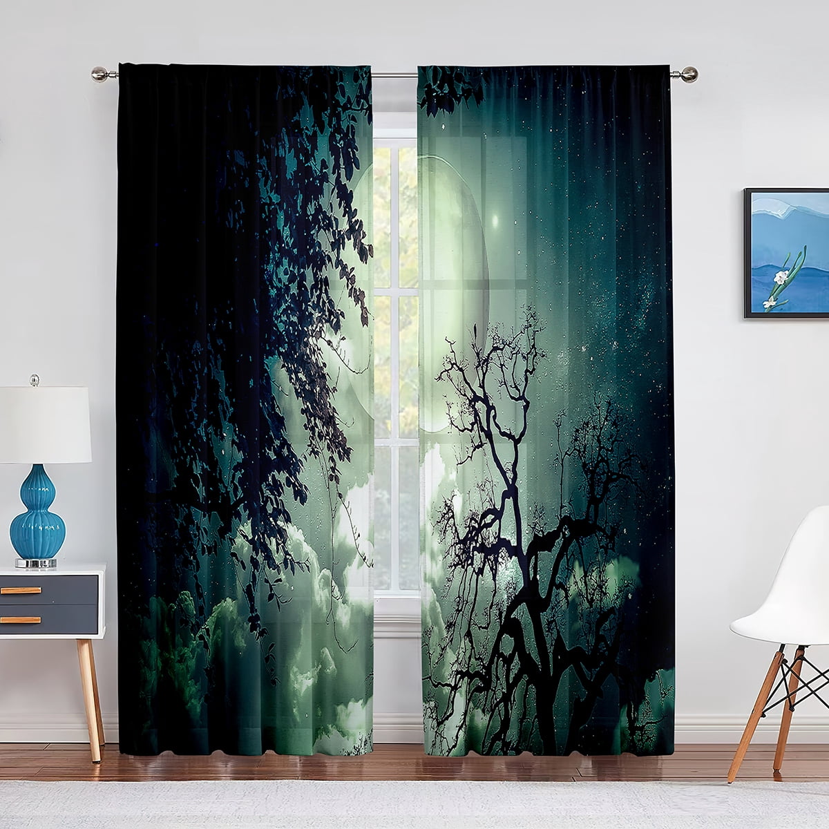 Night Sky Full Moon and Foggy Clouds with Sea Ocean Tulle Curtains for ...