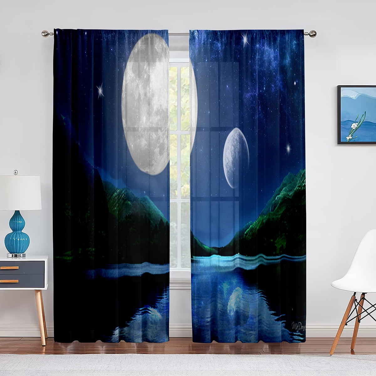 Night Sky Full Moon and Foggy Clouds with Sea Ocean Tulle Curtains for ...