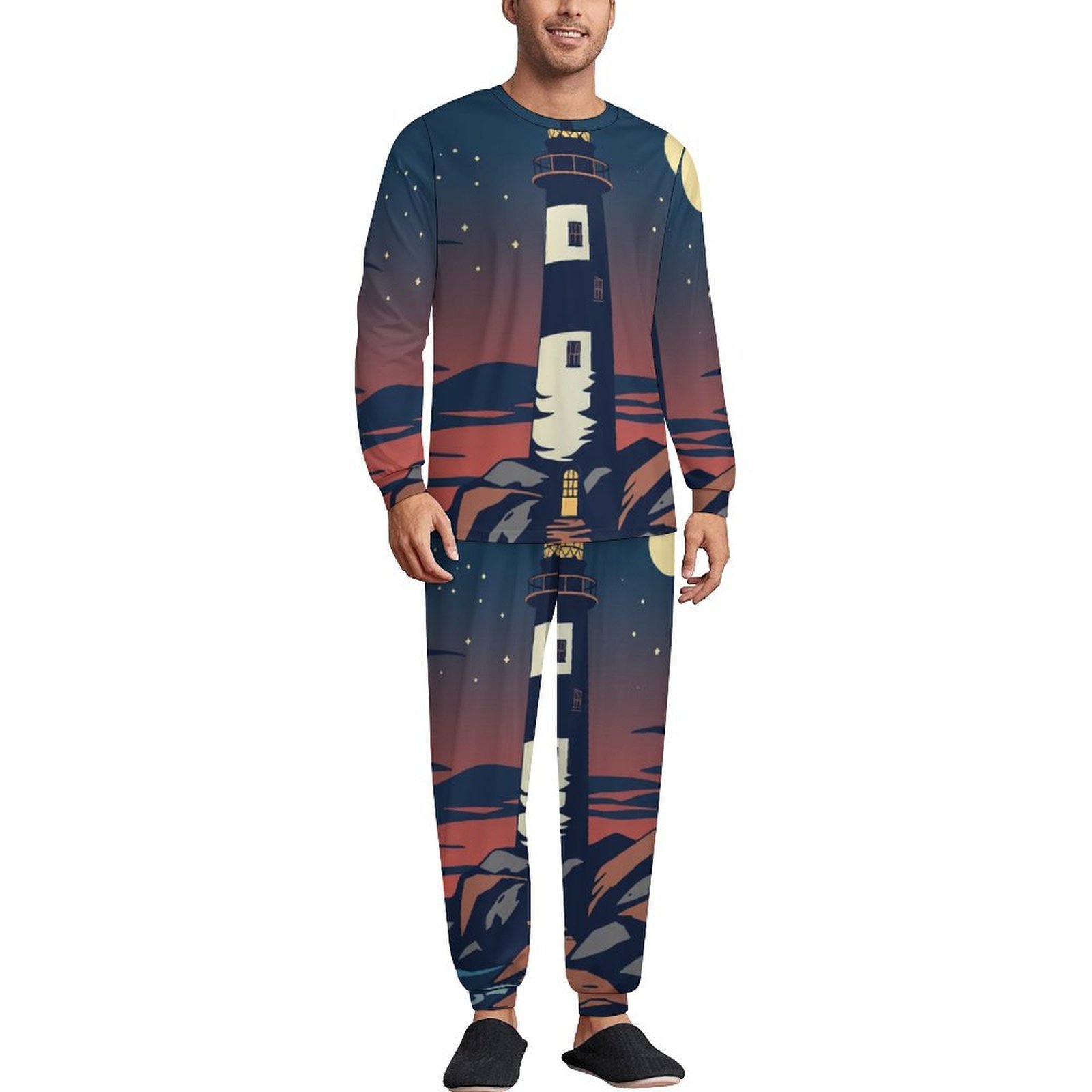 Night Sky Lighthouse Moon Pajamas Men Home Suit Winter Long Sleeve 2 ...