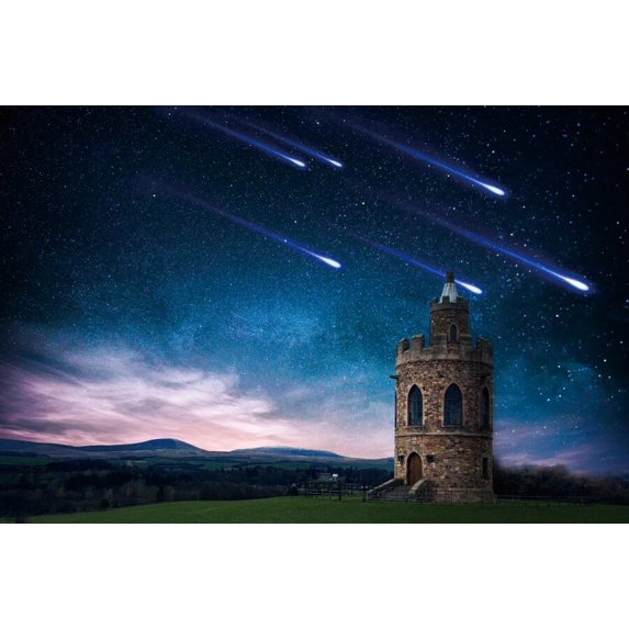 Night Sky Meteor Shower Vintage Watchtower Valley Starry Landscape ...