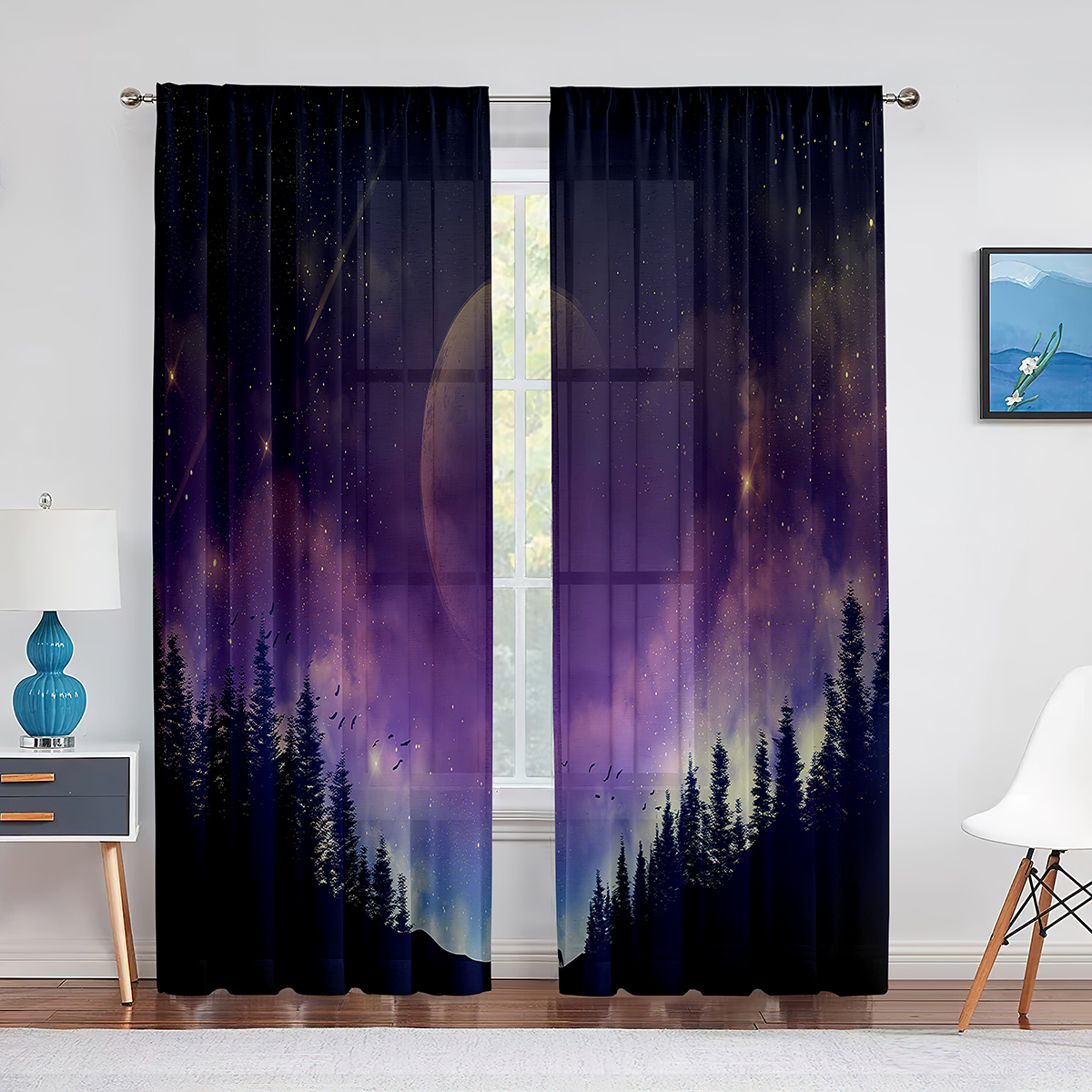 Night Sky Moon Stars and Forest Lake Sheer Voile Curtains for Bedroom ...