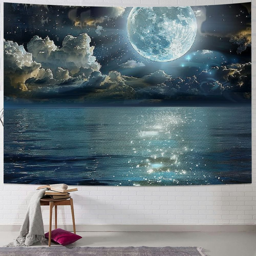 Night Sky Ocean Tapestry Full Moon Over Water Tapestry Wall Hanging 3D ...