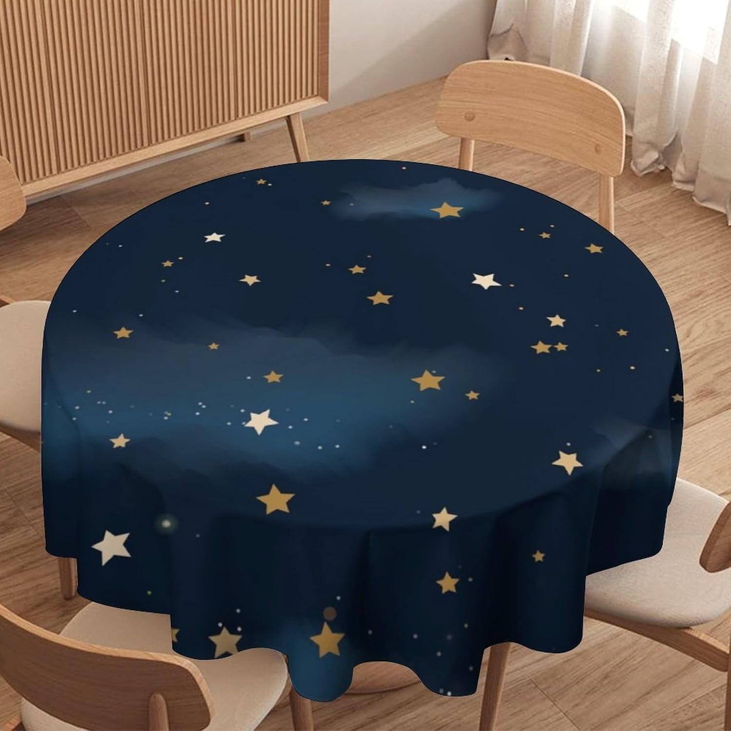 Night Sky Round Tablecloth, Blue Galaxy Space Golden Stars Clouds Magic ...