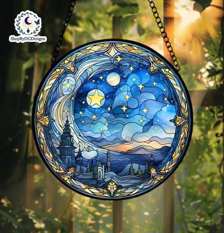 Night Sky Stained Glass Suncatcher, Moon and Stars Acrylic Suncatcher, Celestial Window Art ...