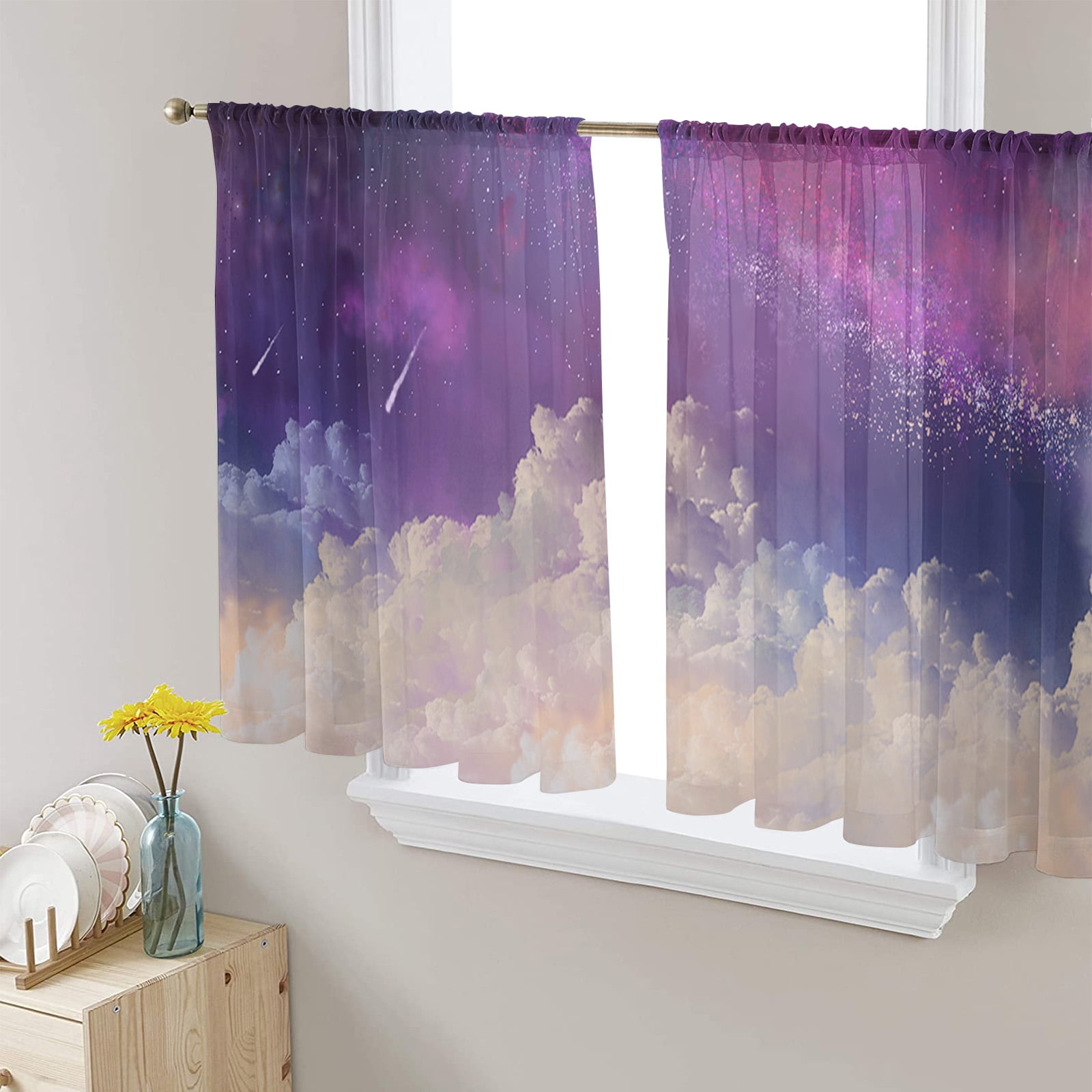 Night Sky Stars Sheer Curtains 54 Inch Length 2 Panels Set for Living ...