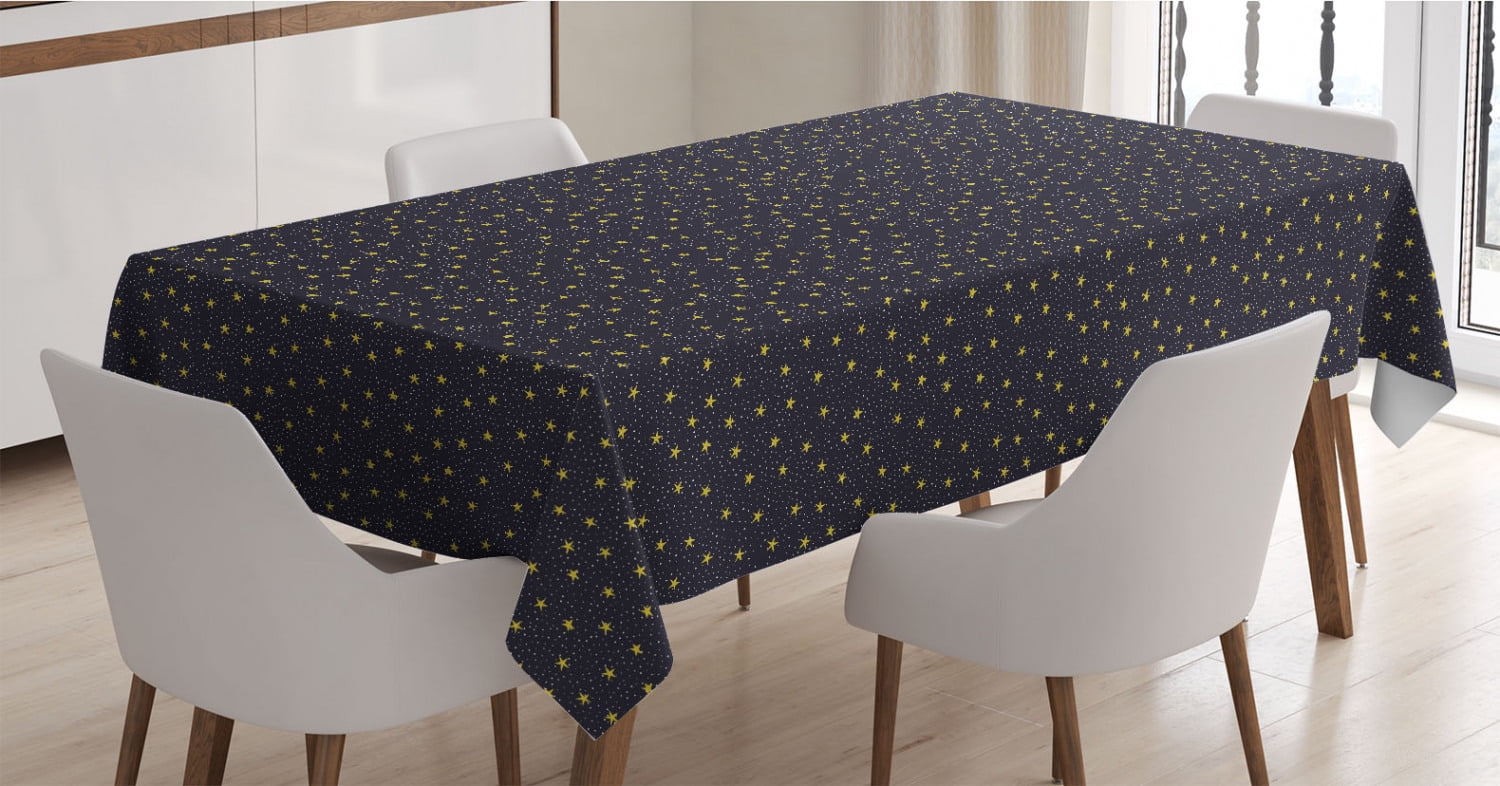 Night Sky Tablecloth, Hand Drawn Style Yellow Stars and White Dots ...