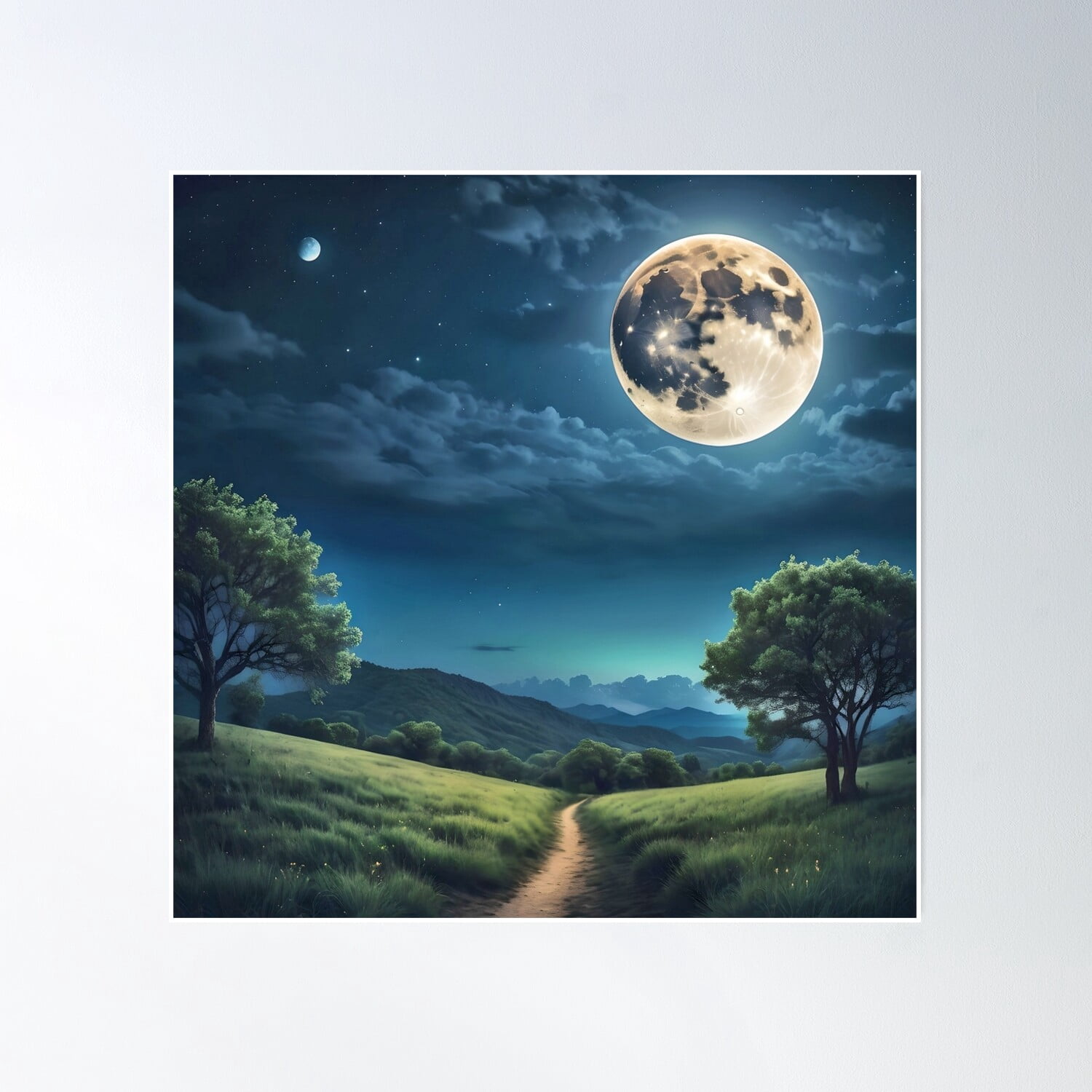 Night Sky With Big Moon And Green Landscape Poster Wall Art, Modern ...