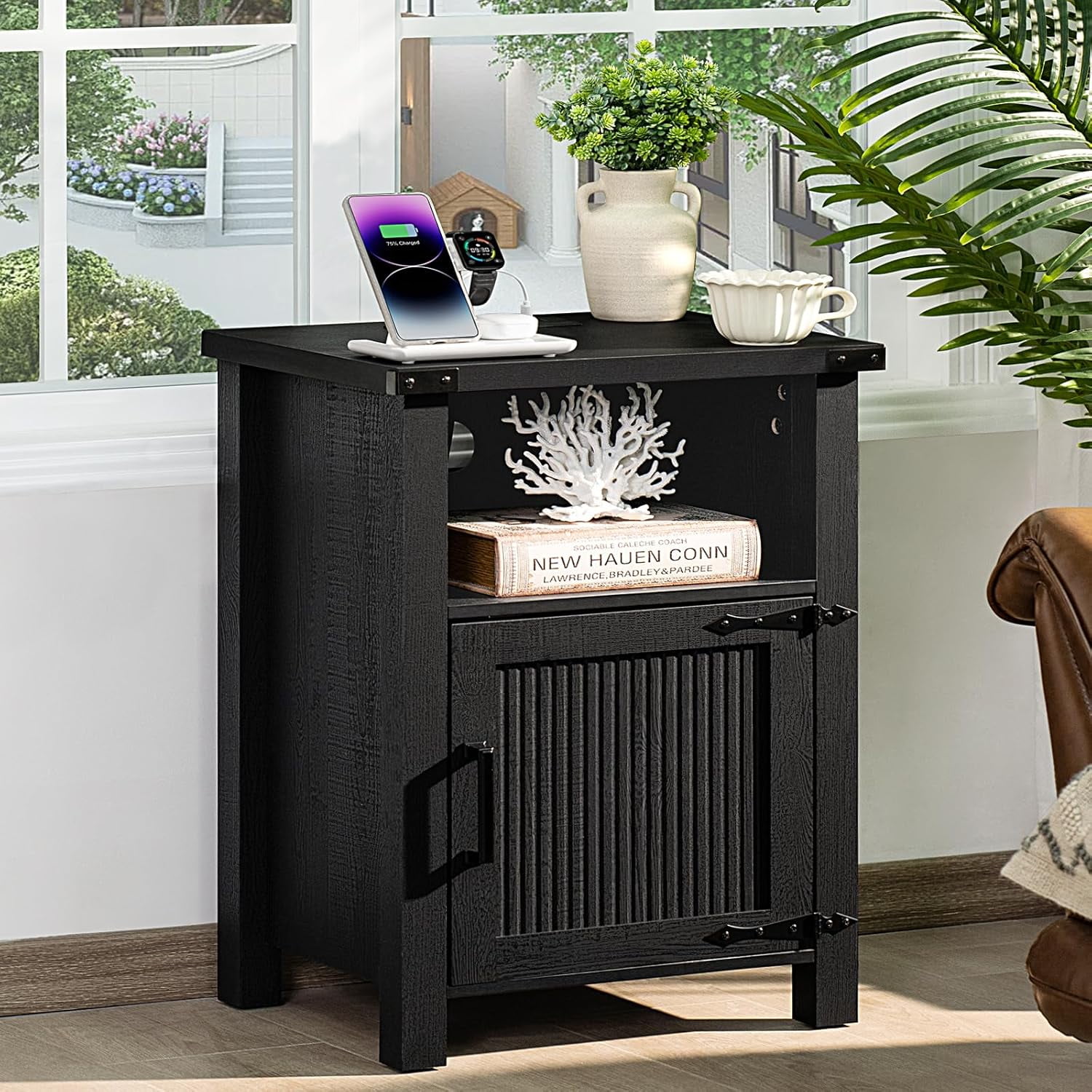 Night Stand 18 Inch Farmhouse Nightstand with with Charging Station and ...
