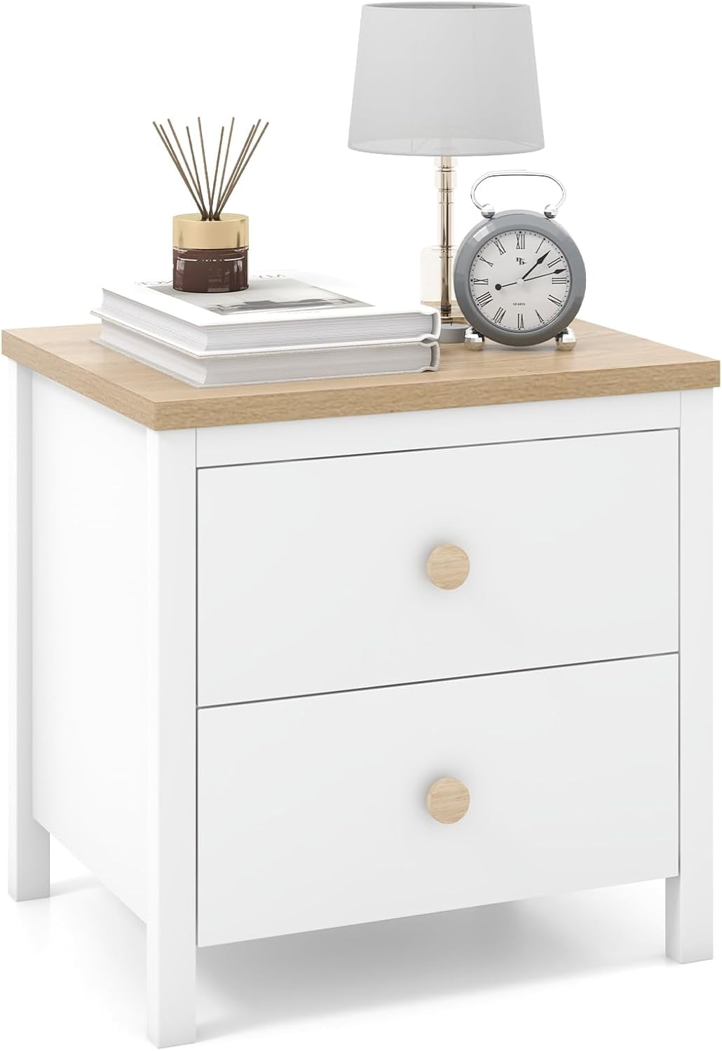 Night Stand with 2 Drawers, Farmhouse Bedside Table with Cute Round ...