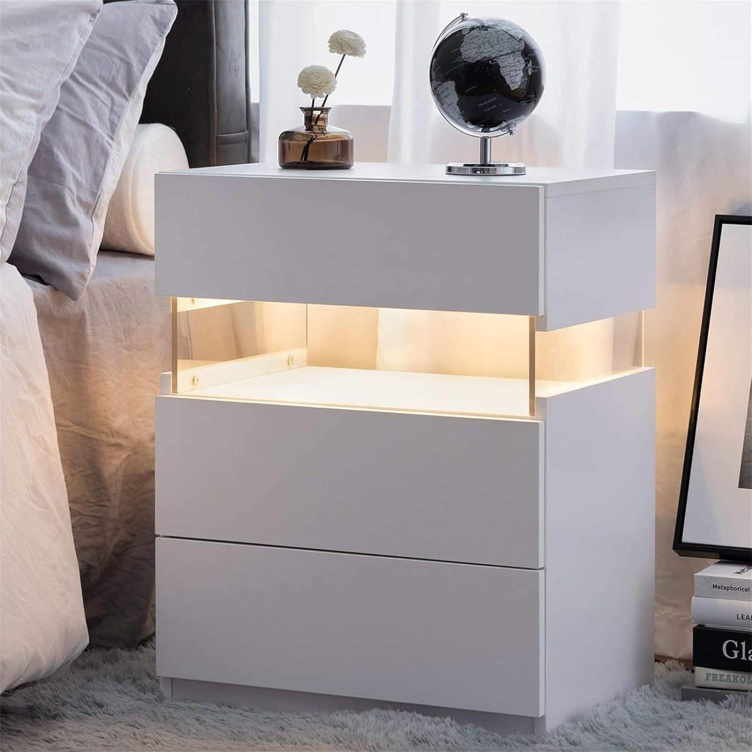 Night Stand,3 Drawer Nightstand,Led Nightstand,Wood Bedside Table ...