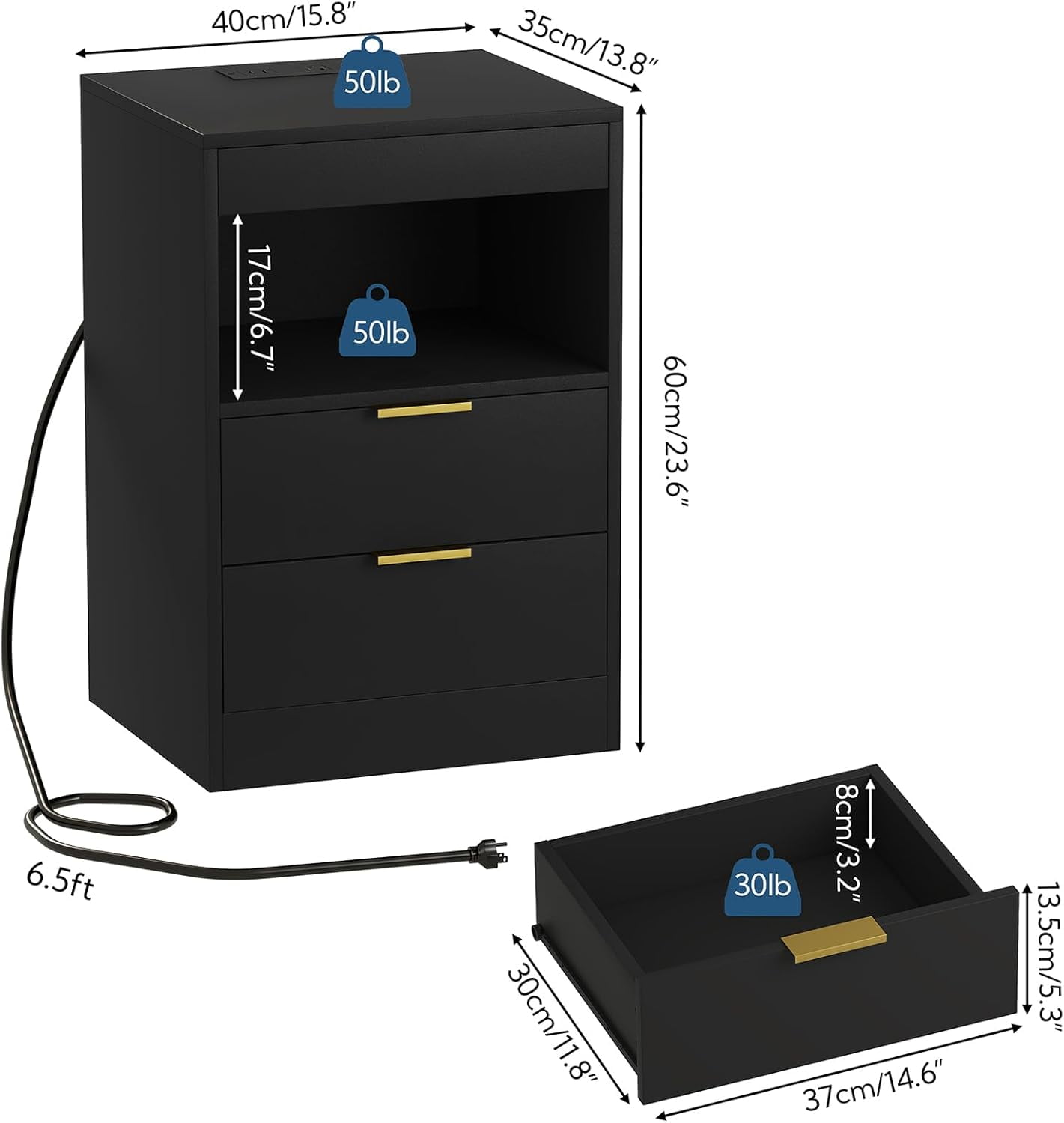 Night Stand, Bedside Table, LED Nightstand with Charging Station ...