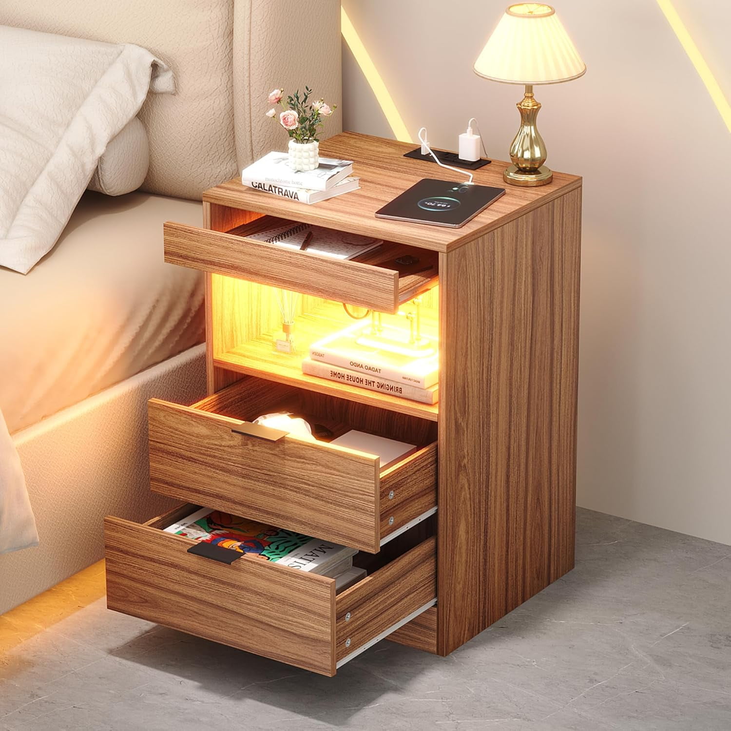 Night Stand, Bedside Table, LED Nightstand with Charging Station ...
