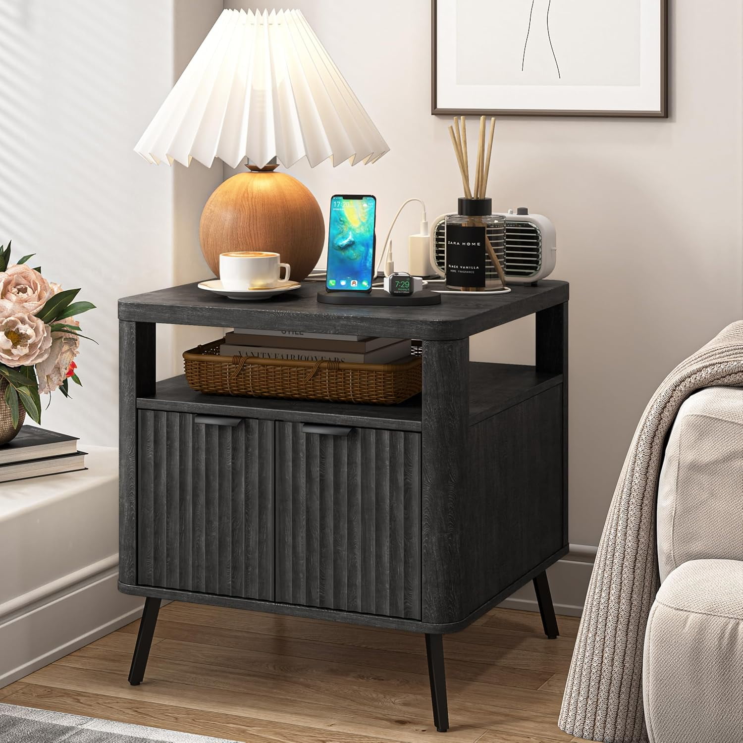 Night Stand, Black Nightstand with Charging Station, 24" End Table Side ...