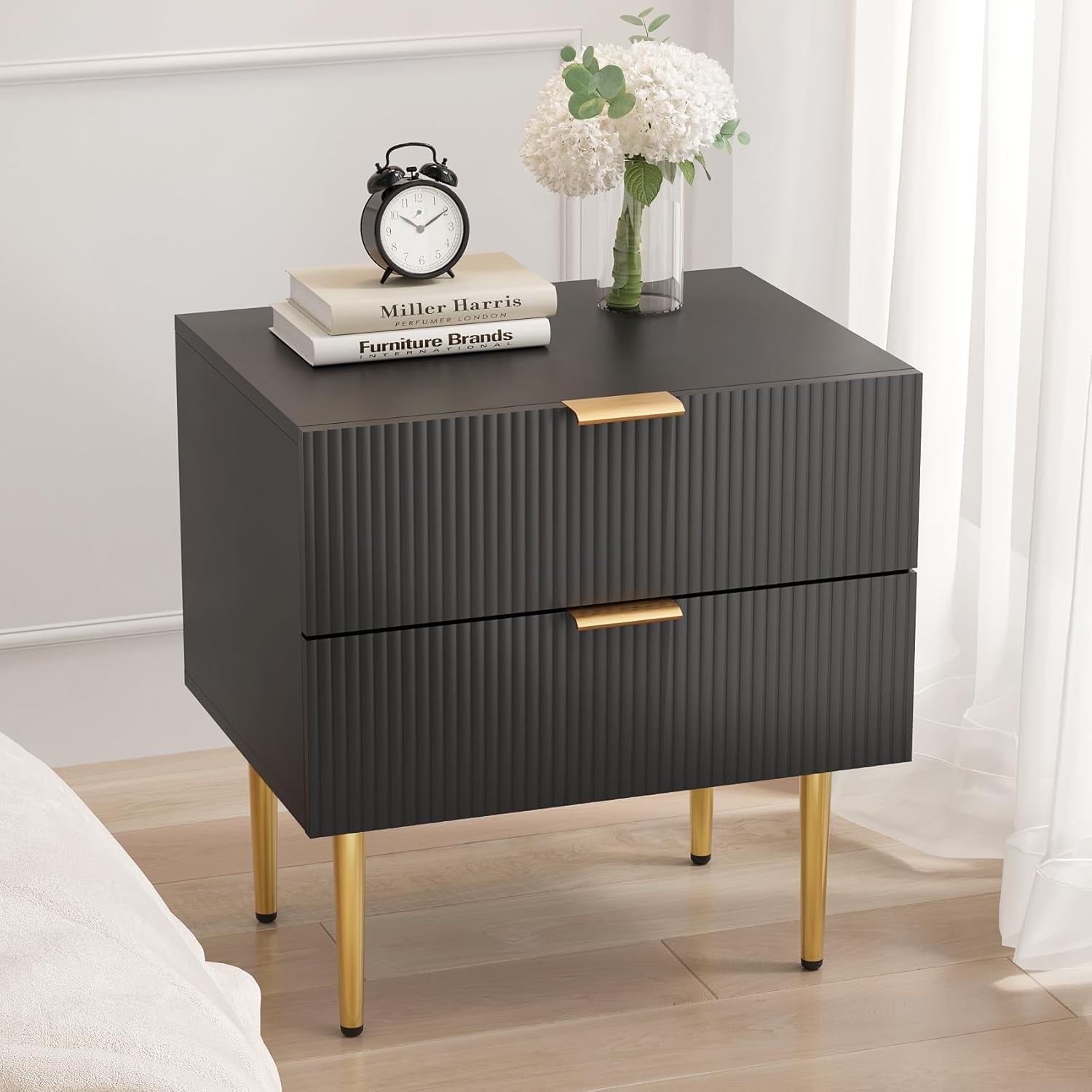 Night Stand, Black Nightstand with Fluted Panel, Bedside Table with 2 ...