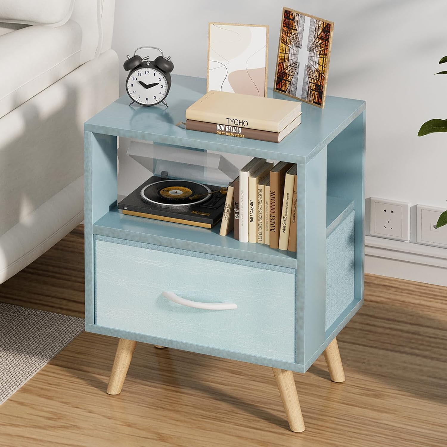 Night Stand, Blue Kids Nightstand with Drawer, Nursery Side Table with ...