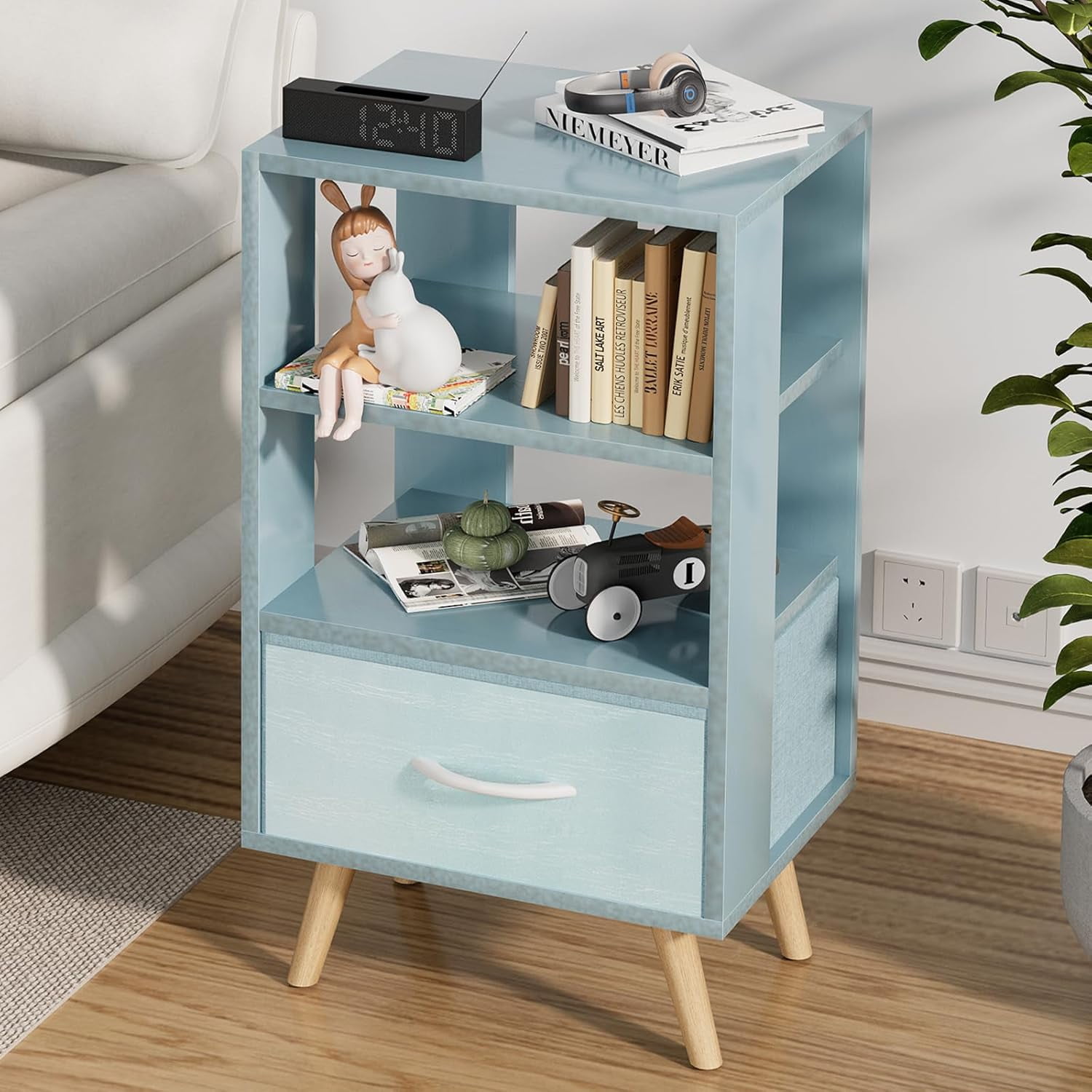 Night Stand, Blue Kids Nightstand with Drawer, Nursery Side Table with ...