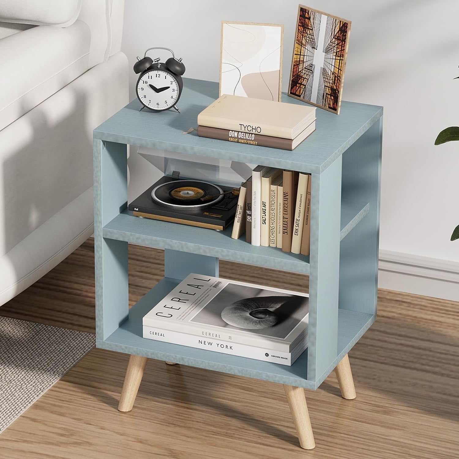Night Stand, Blue Kids Nightstand, Modern End Table with Open Storage ...