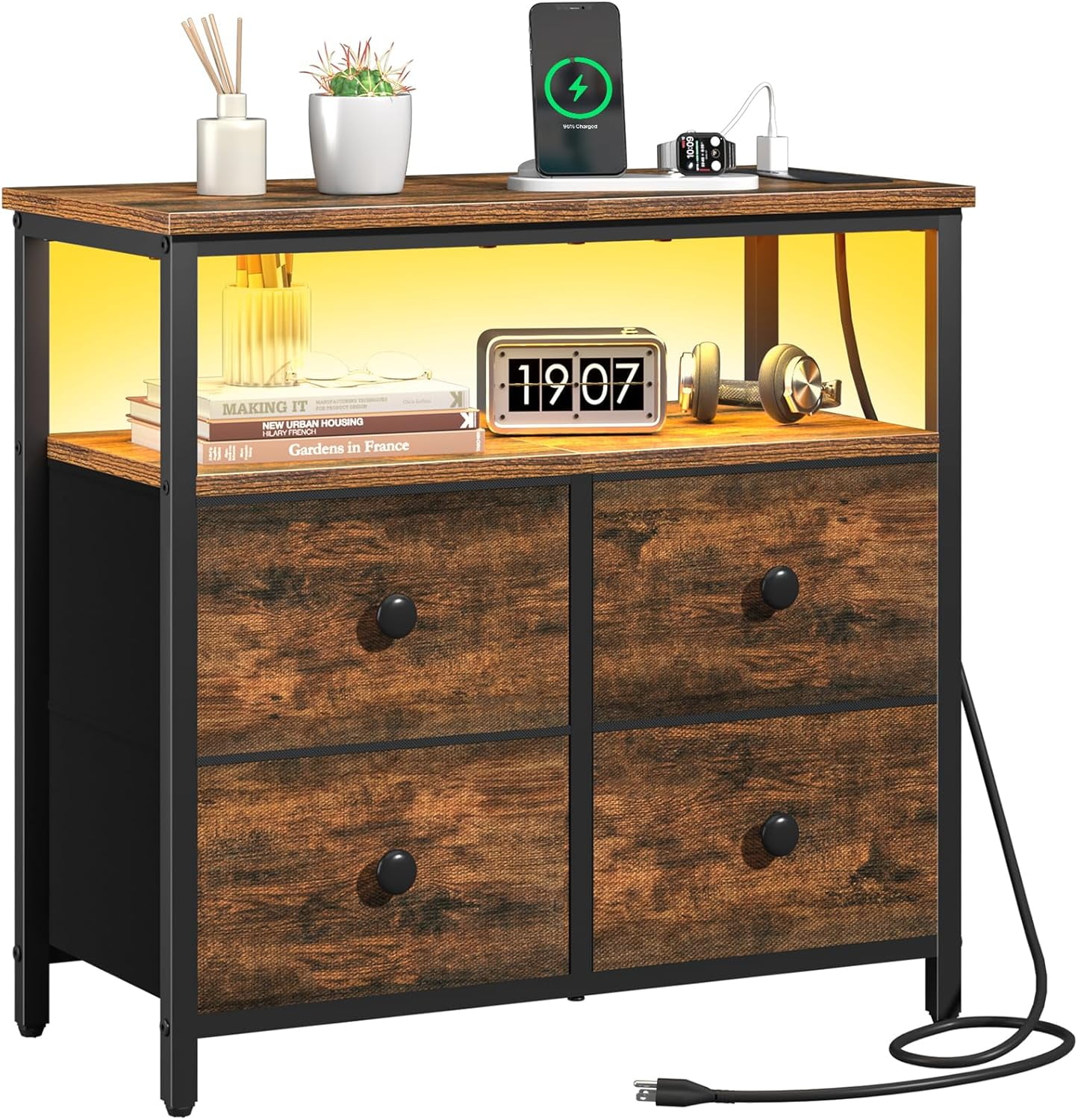 Night Stand with Charge Station, Nightstand with 4 Drawers Bedside ...