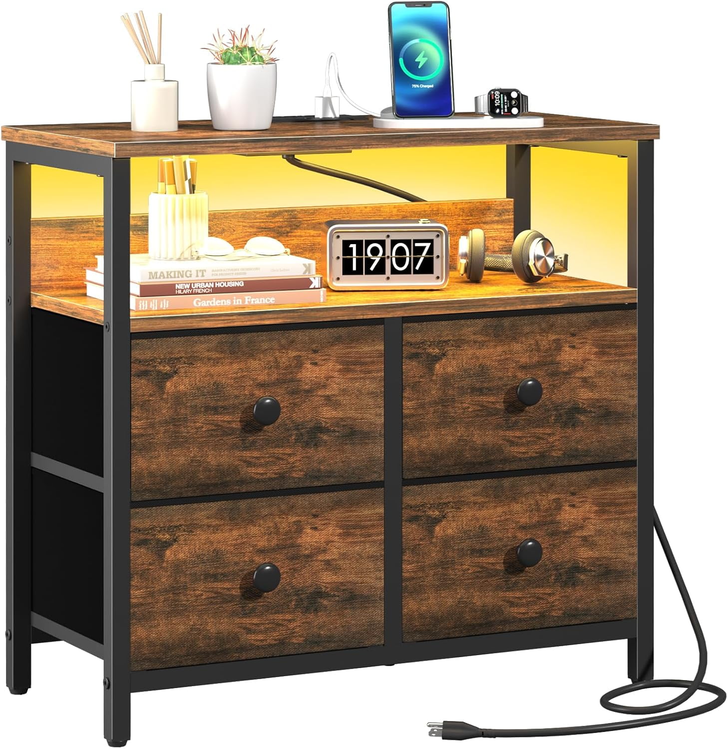 Night Stand with Charge Station, Nightstand with 4 Drawers Bedside ...