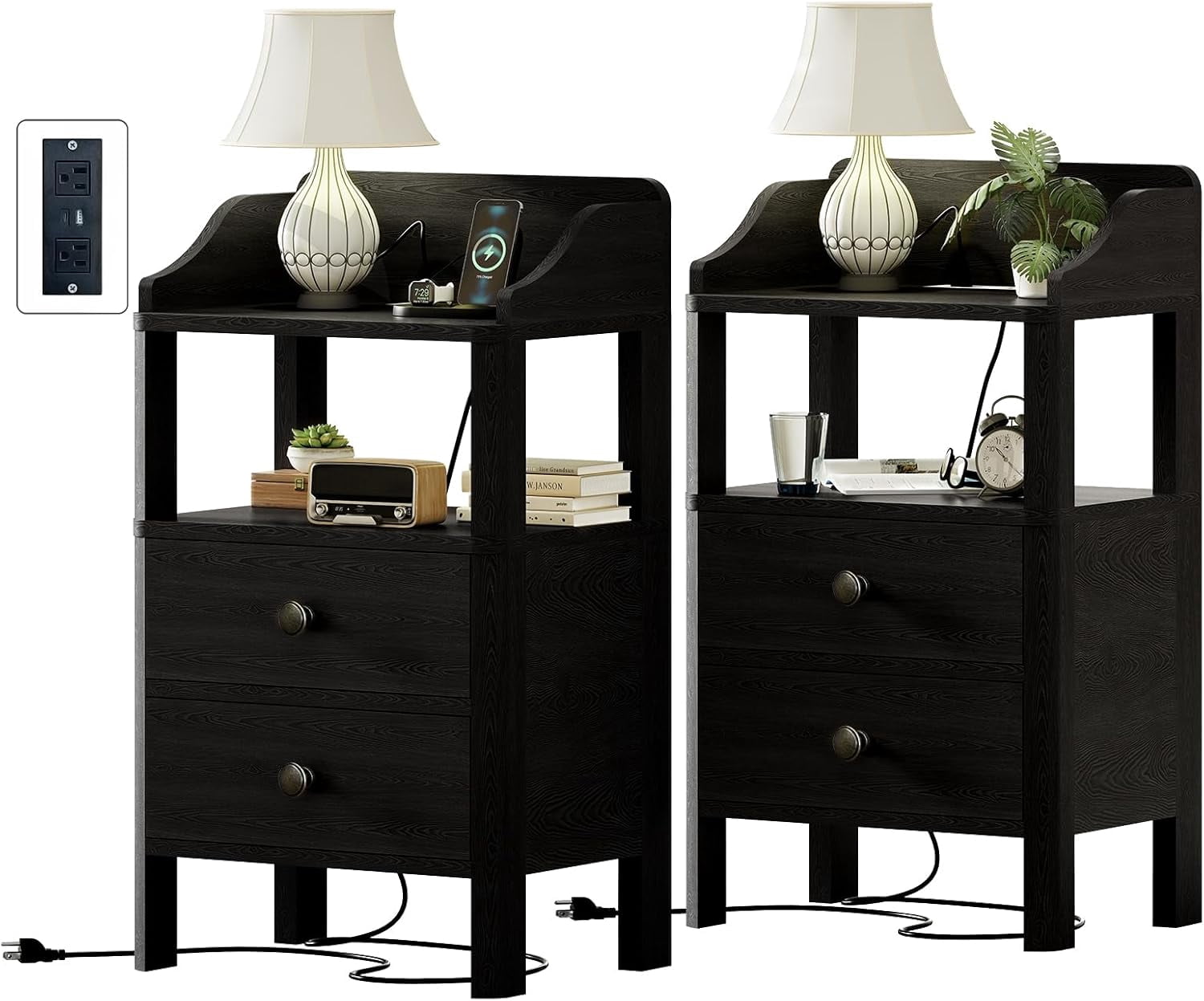 Night Stand with Charger Station 15.75-inch Compact Black Night Stand ...
