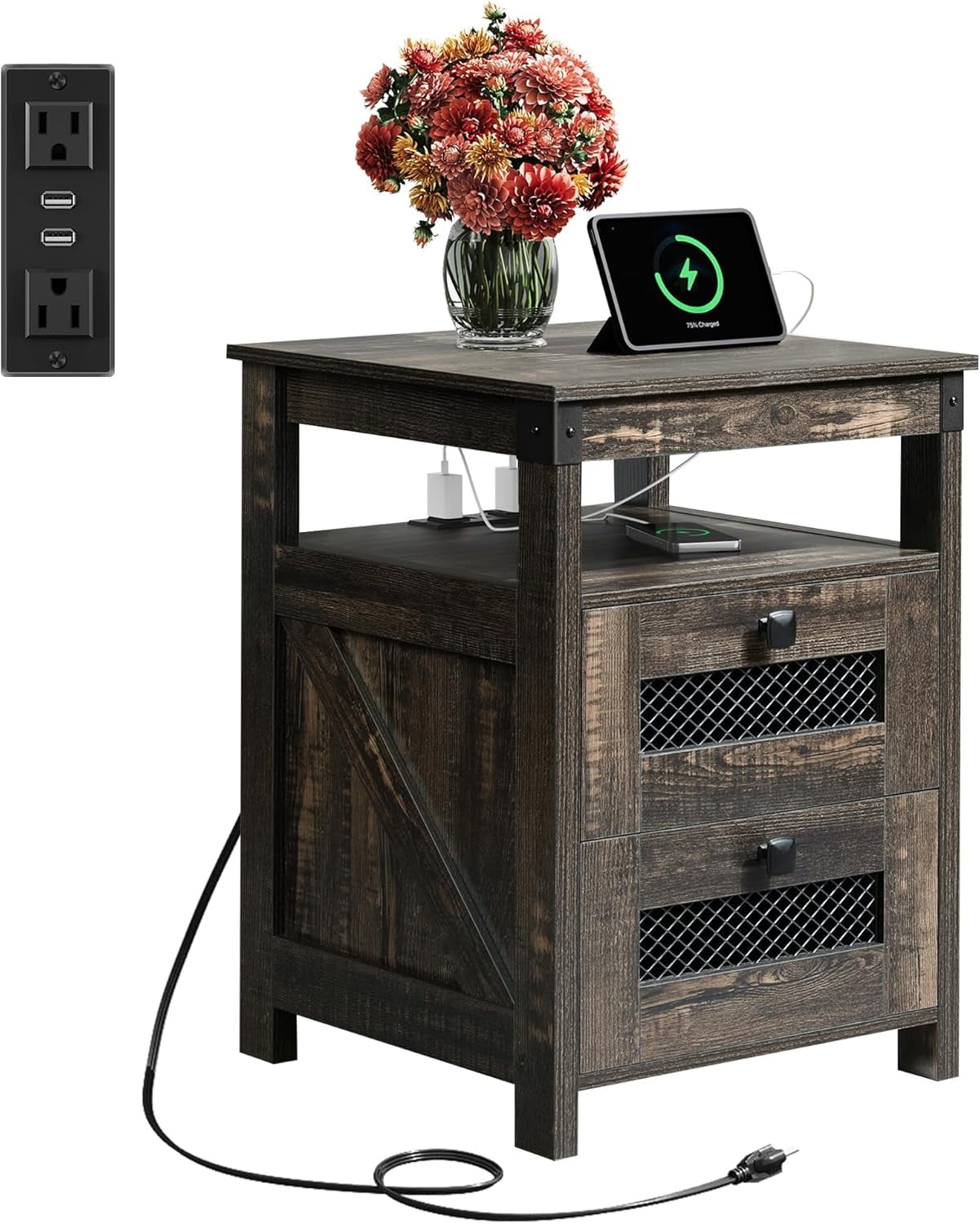 Night Stand with Charger Station, End Tables Bedroom, Living Room, Bed ...