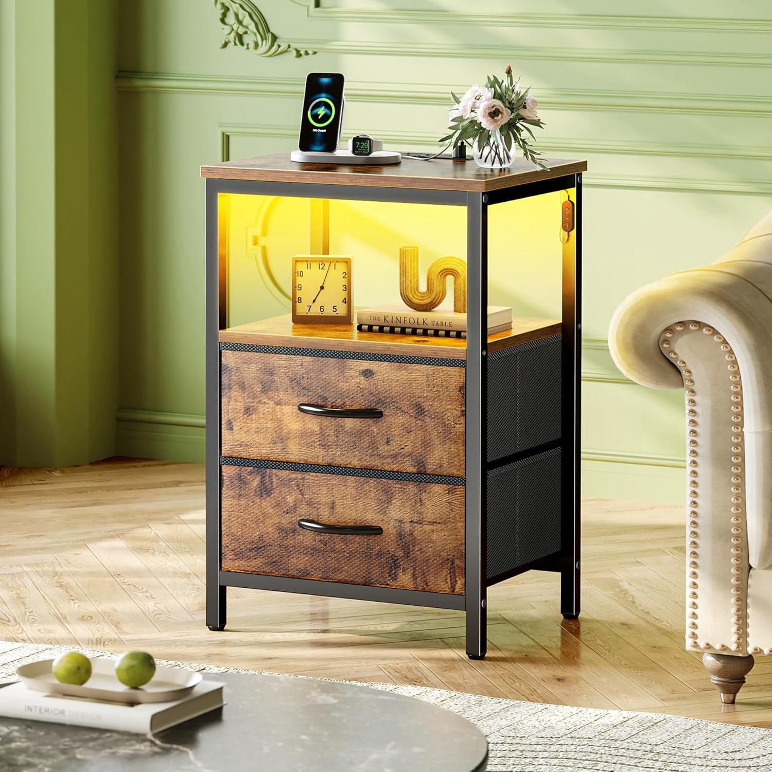 Night Stand with Charger Station and LED Lights, 2 Drawer Nightstand ...
