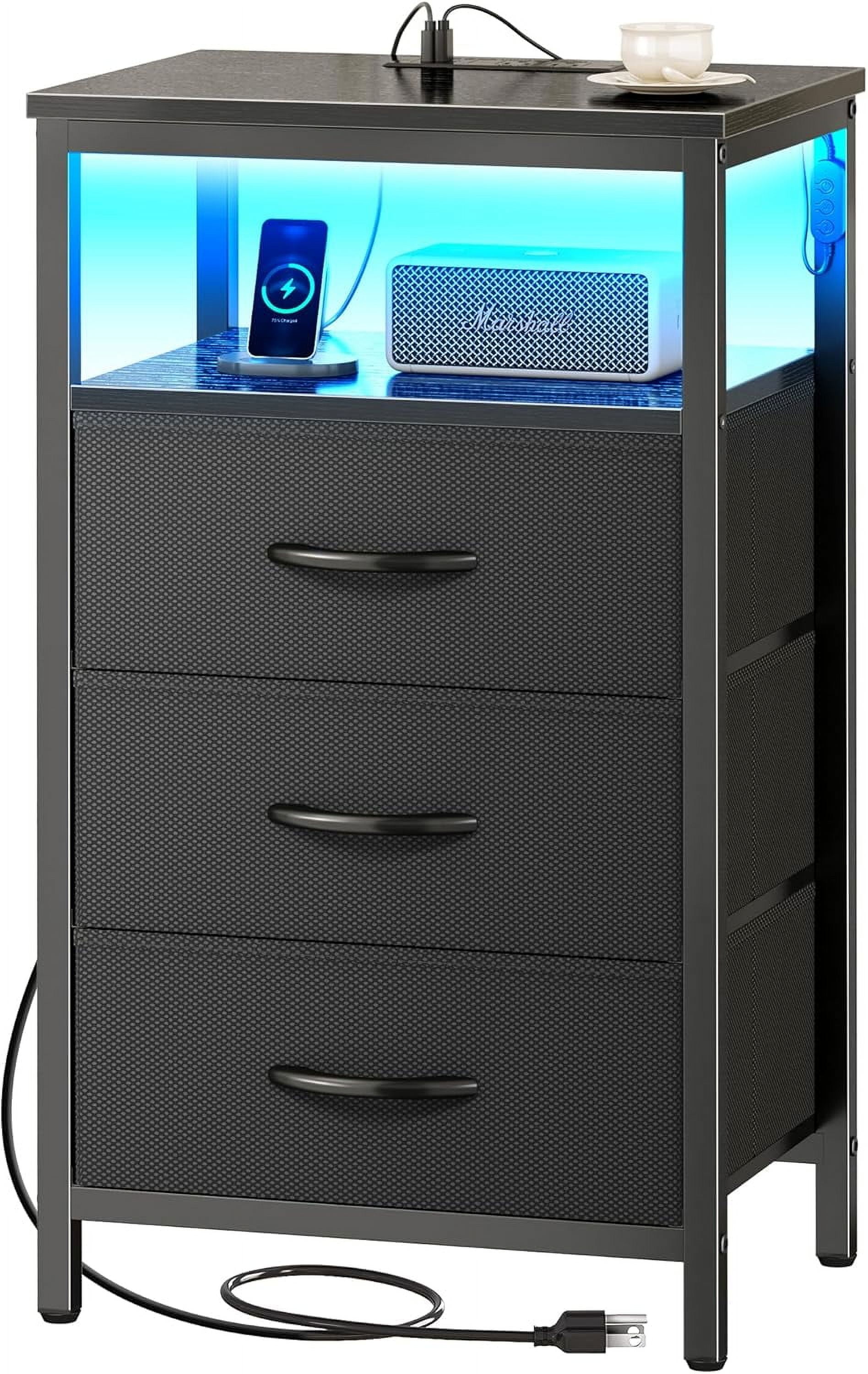 Night Stand with Charger Station and LED Lights, 3 Drawer Nightstand ...
